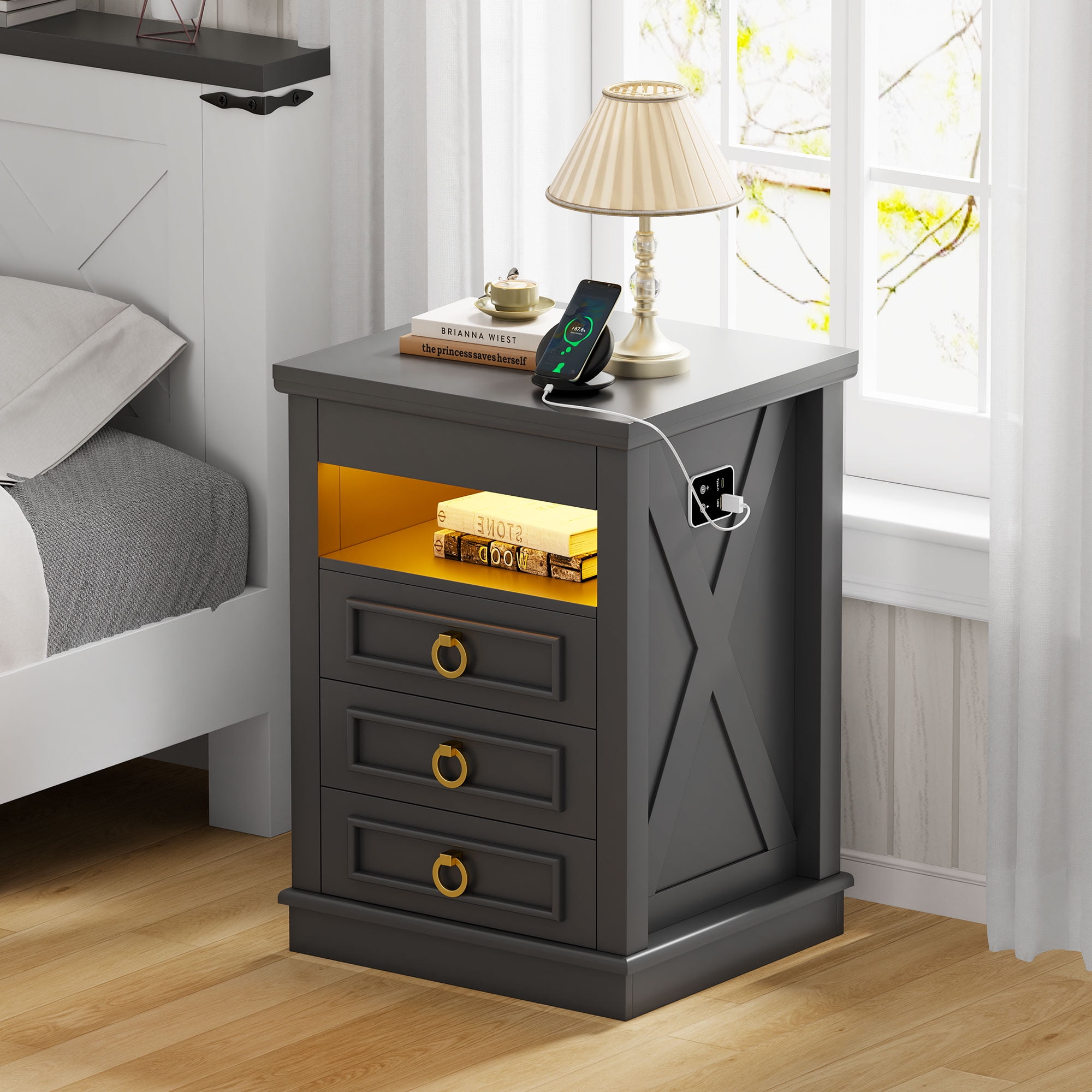 Gurexl Farmhouse Nightstand with Gun Drawer, Human Sensor LED Bedside ...