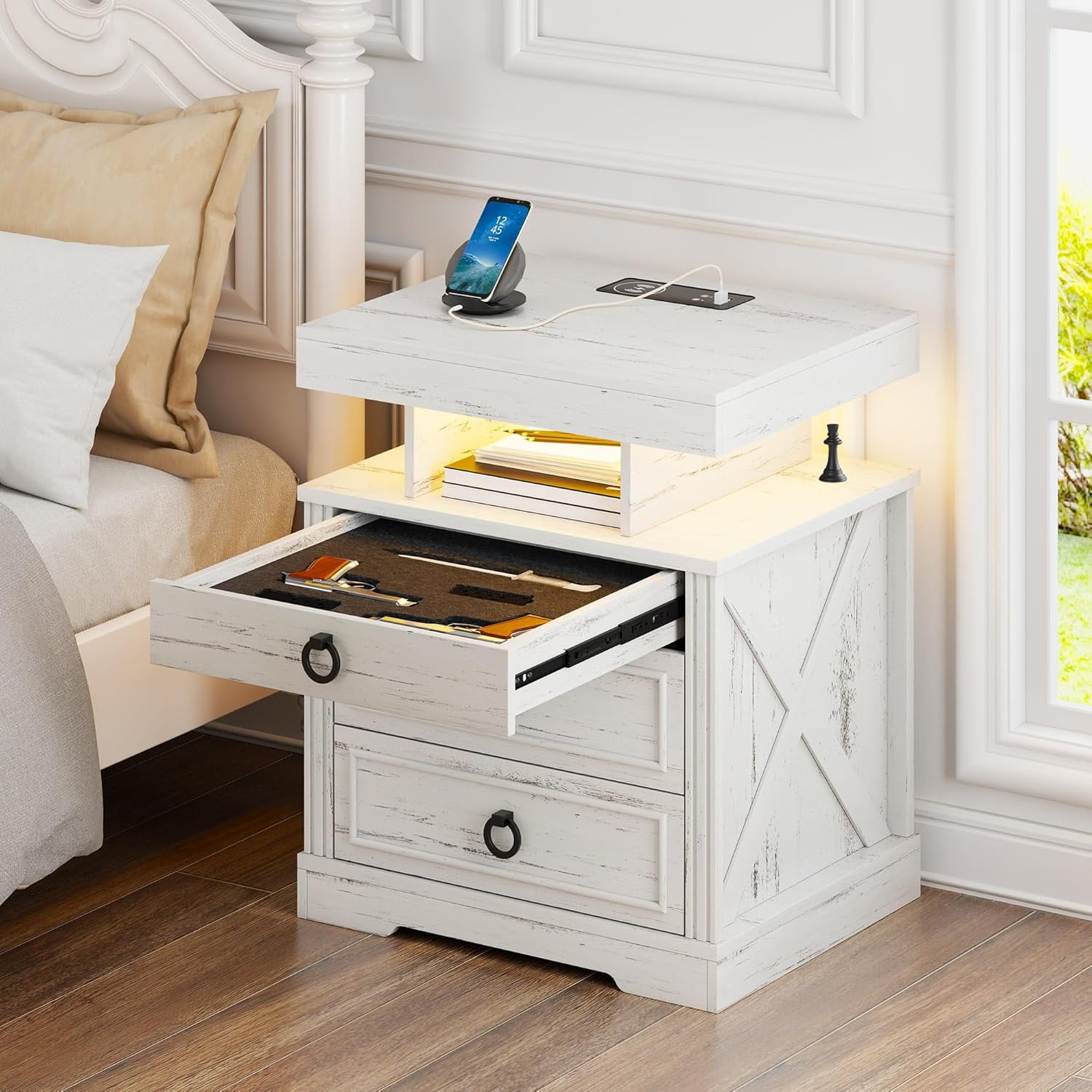 Gurexl Farmhouse Nightstand with Lockable Gun Drawer,3 Color Dimmable ...