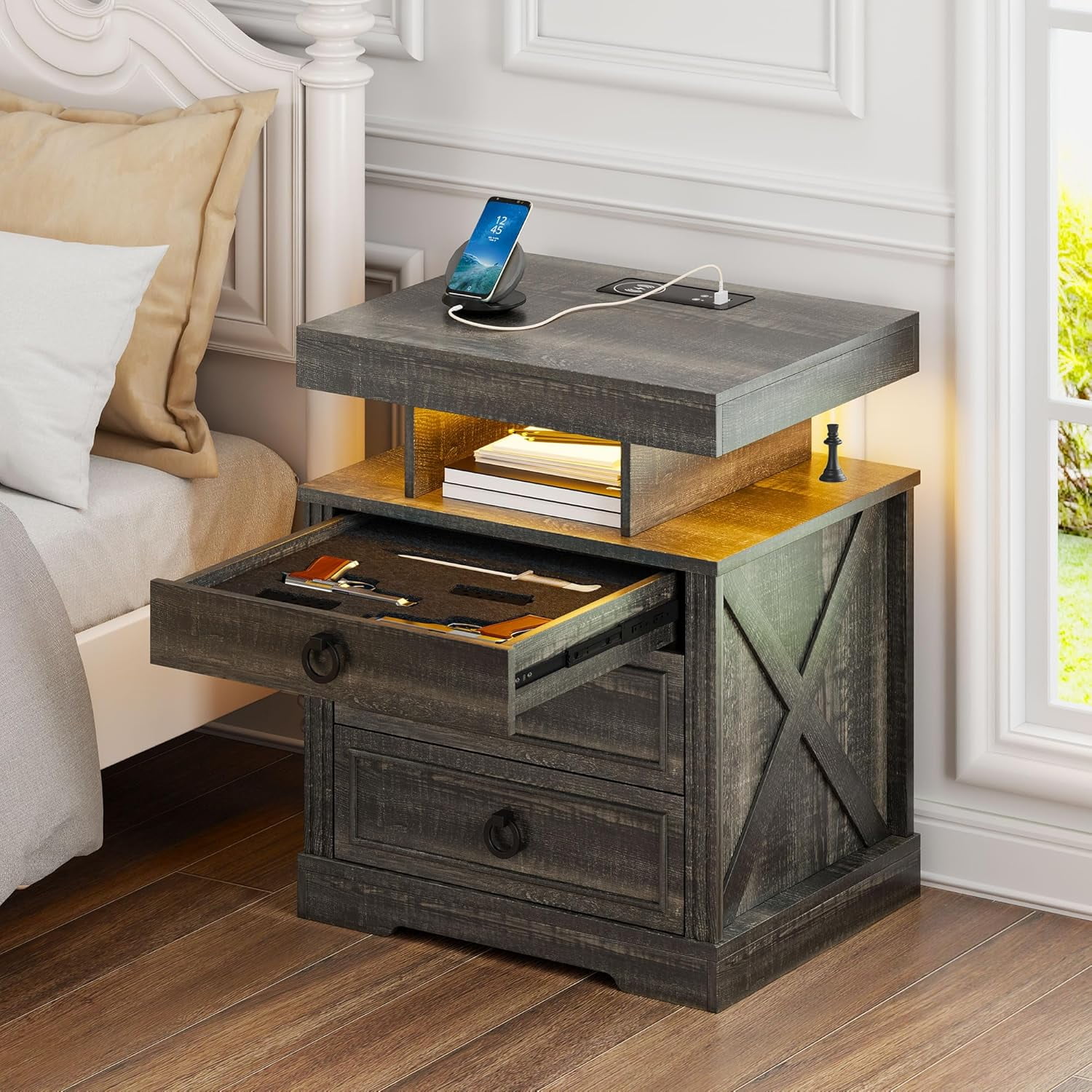 Gurexl Farmhouse Nightstand with Lockable Gun Drawer,3 Color Dimmable ...