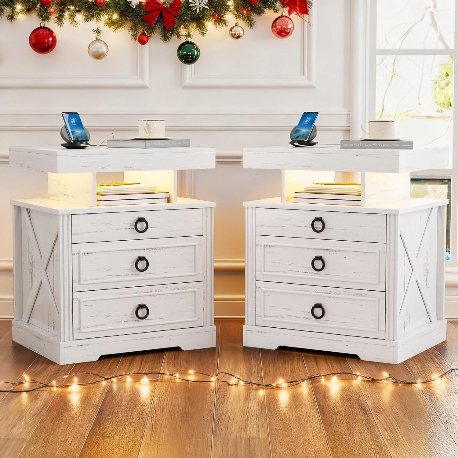 Gurexl Farmhouse Set of 2 Night Stand with Lockable Gun Drawer,LED ...