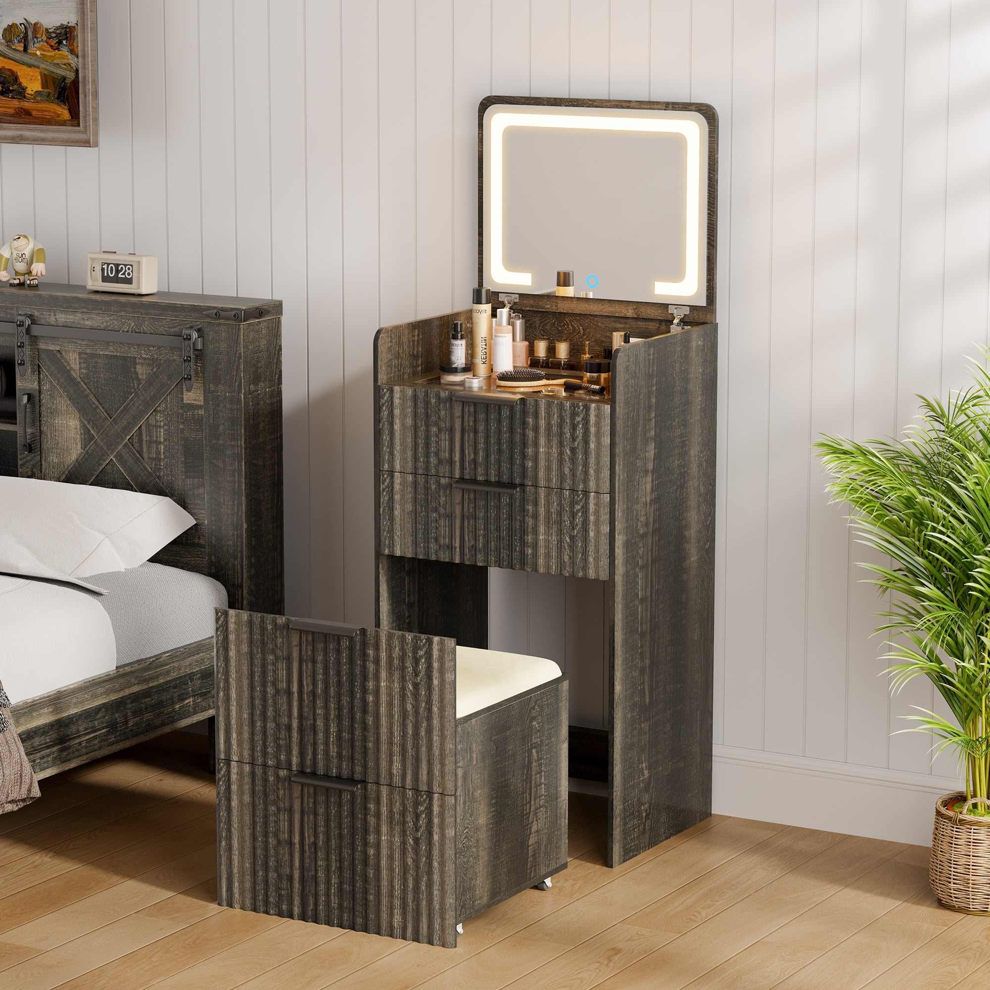 Gurexl Fluted Small Vanity Desk with Mirror and Lights, 3-in-1 Compact ...