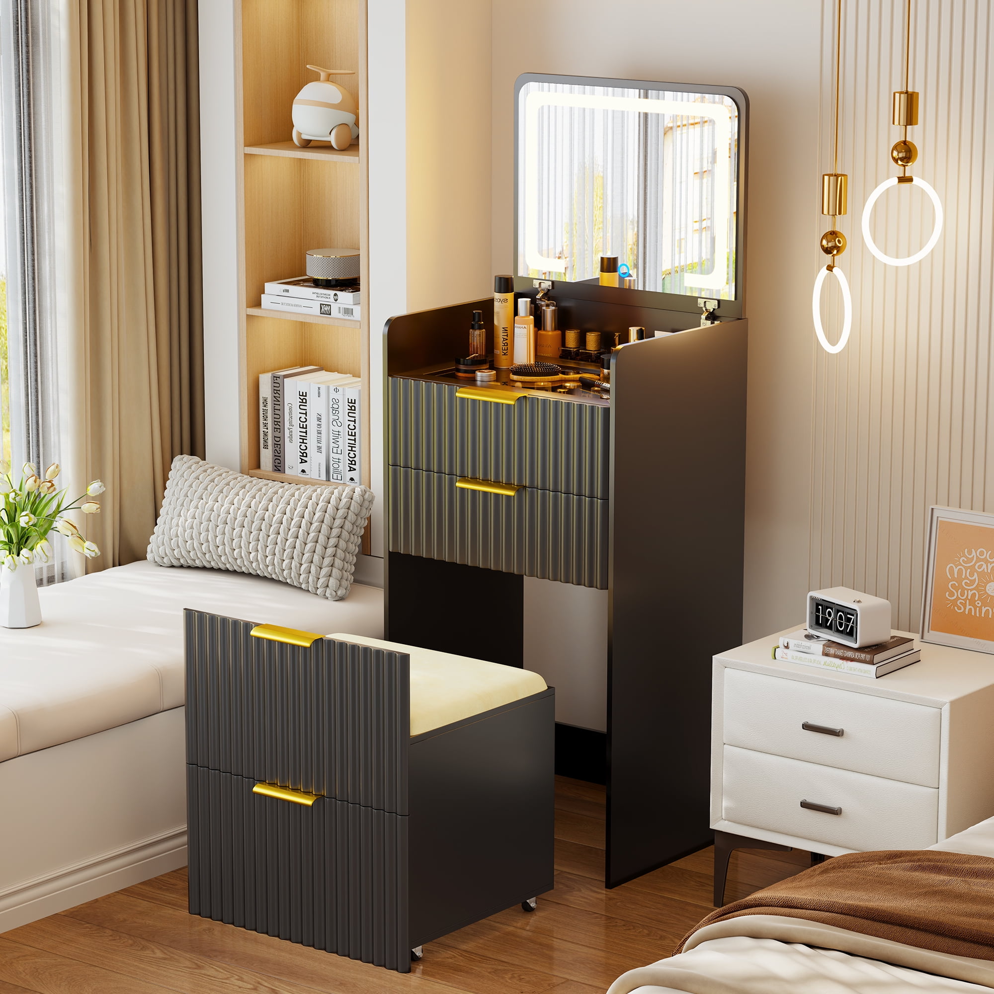 Gurexl Fluted Small Vanity Desk with Mirror and Lights, 3-in-1 Compact ...