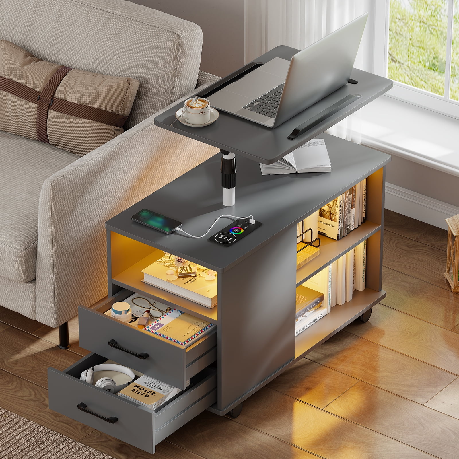 Gurexl Height Adjustable Nightstand with Laptop Tray, LED Bedside ...