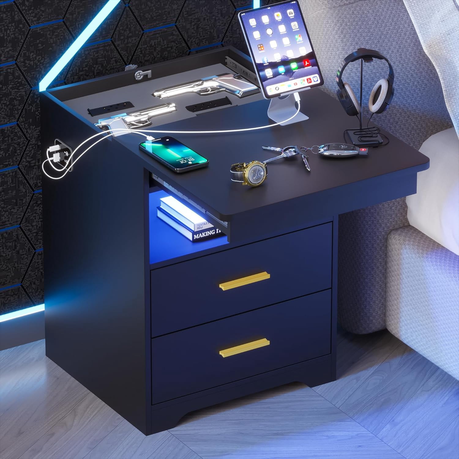 Gurexl LED Nightstand with Gun Drawer, Modern Beside Table with ...