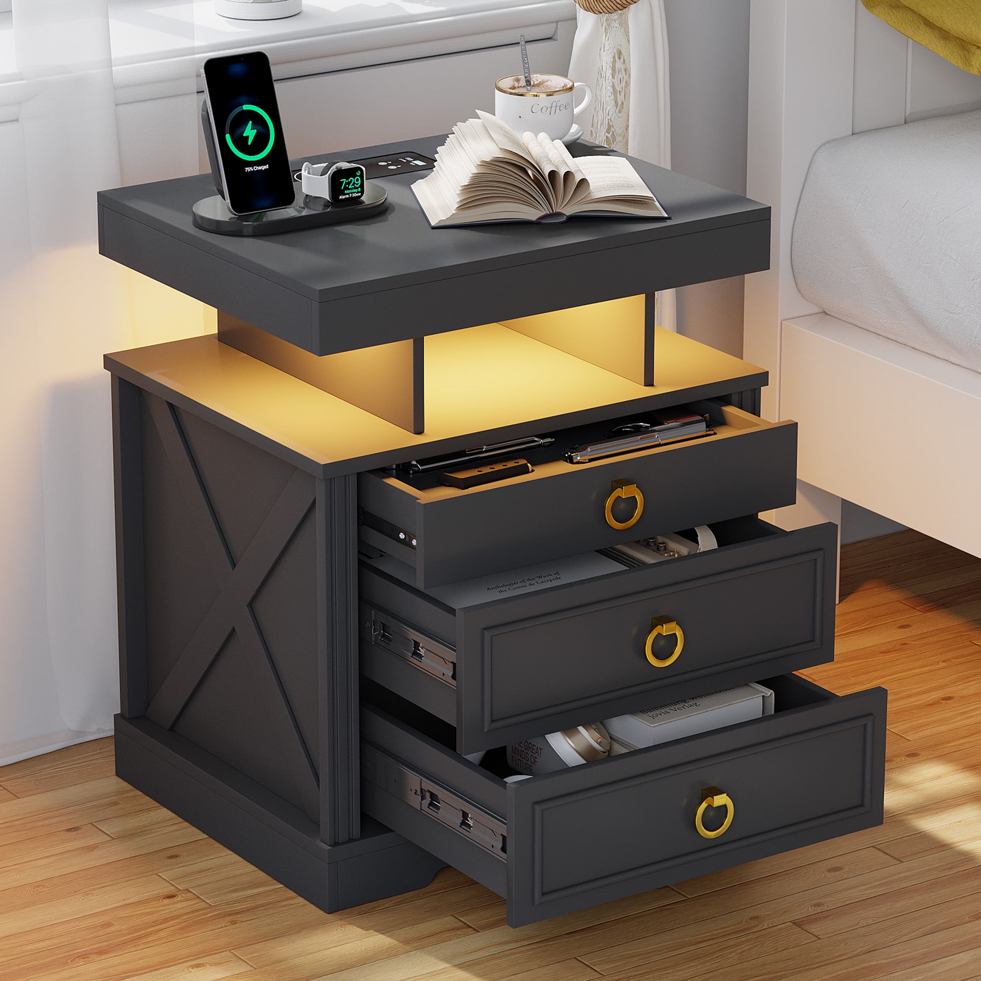 Gurexl Night Stand with Gun Drawers, LED Nightstand Set with Charging ...