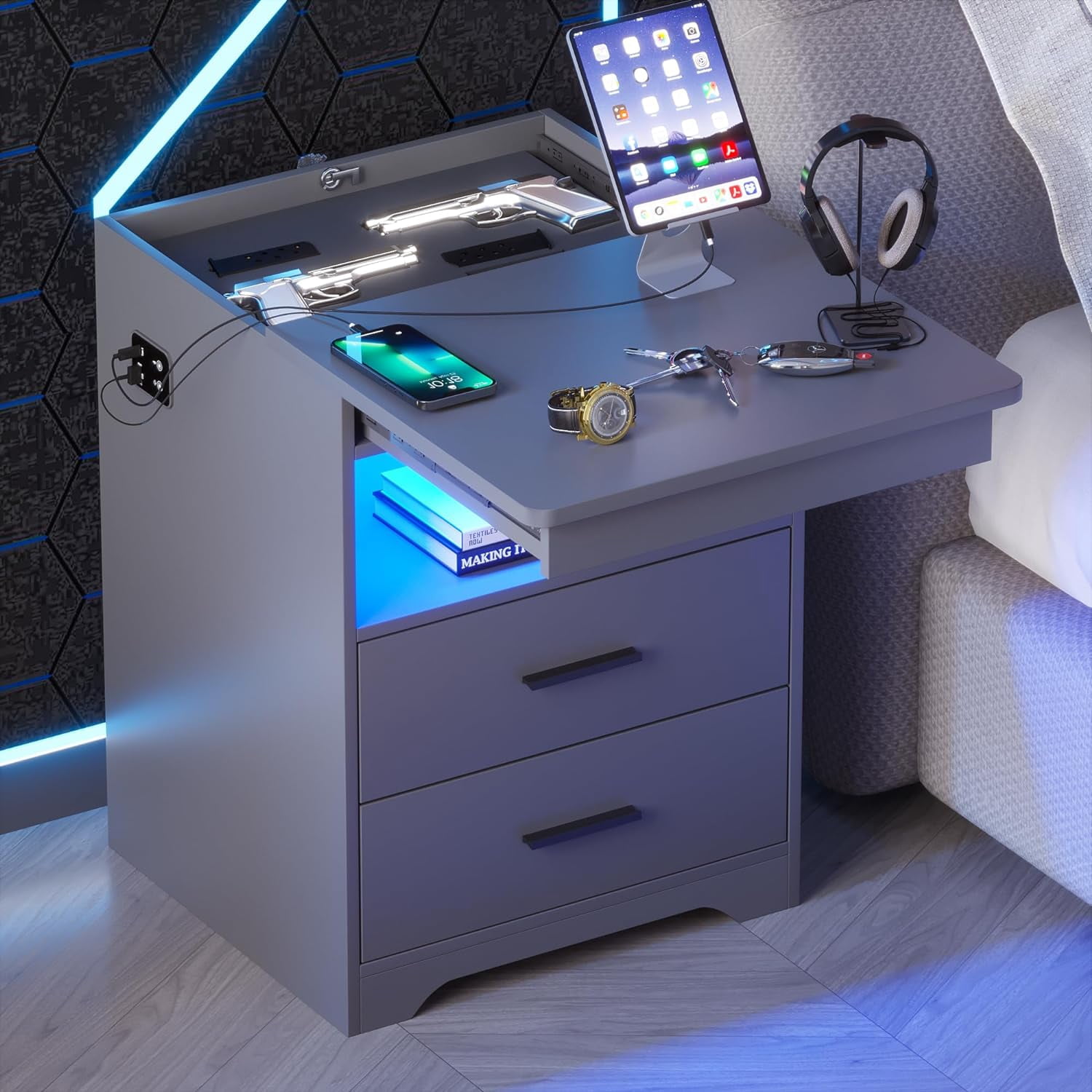 Gurexl Nightstand Set of 2 with Charging Station, Beside Table with ...