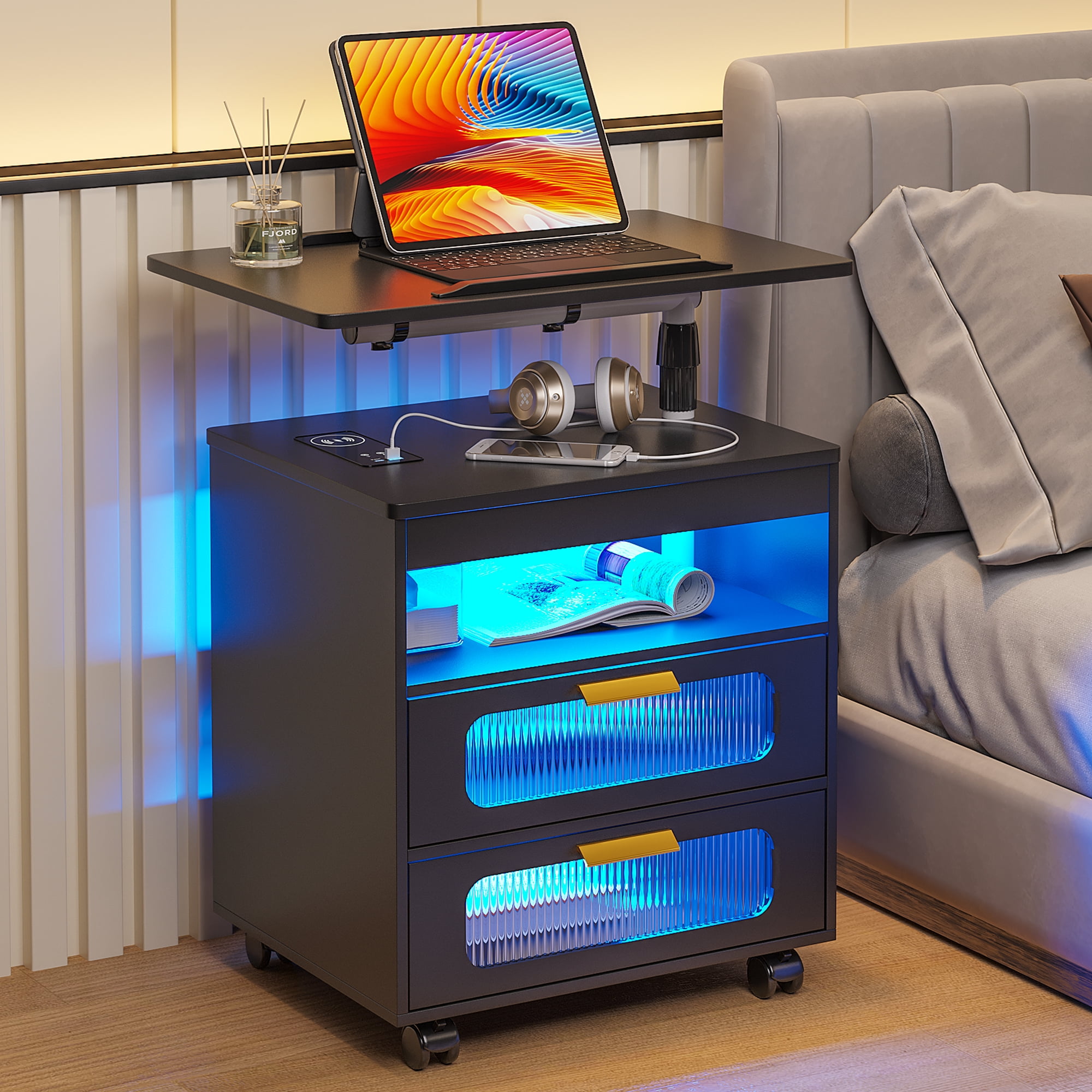 Gurexl Nightstand with Wireless Charging Station, LED Nightstand Has ...