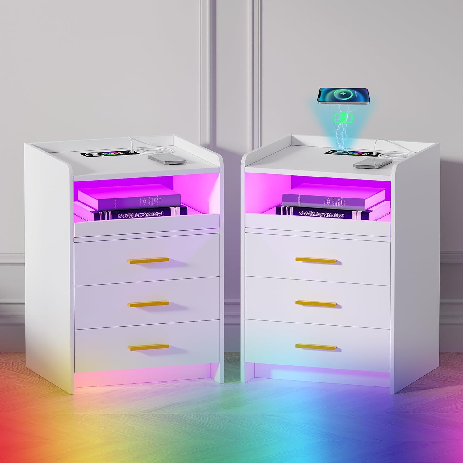 Gurexl RGB Nightstand with Wireless Charging Station, Auto Sensor LED ...