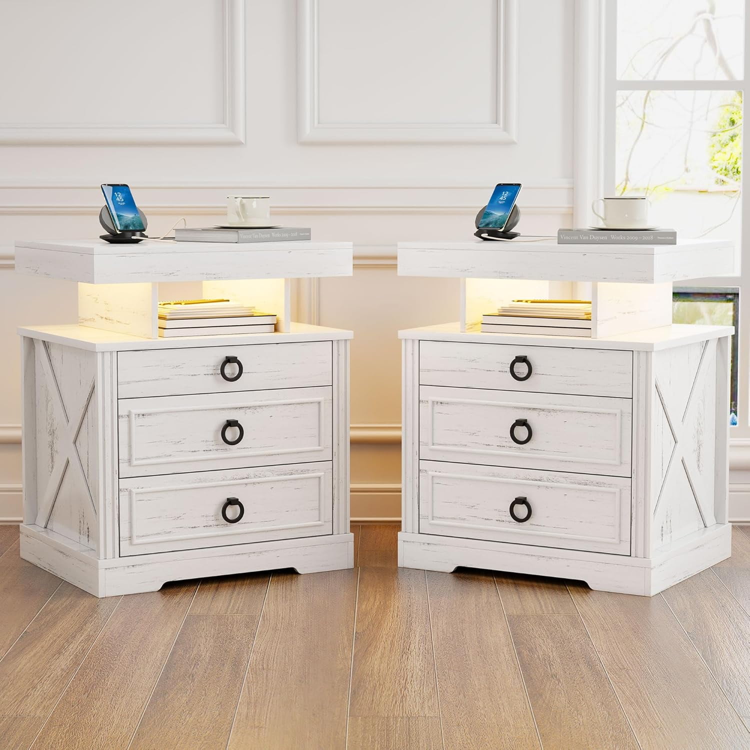 Gurexl Set of 2 Nightstand with Lockable Gun Drawer,3 Color Dimmable ...