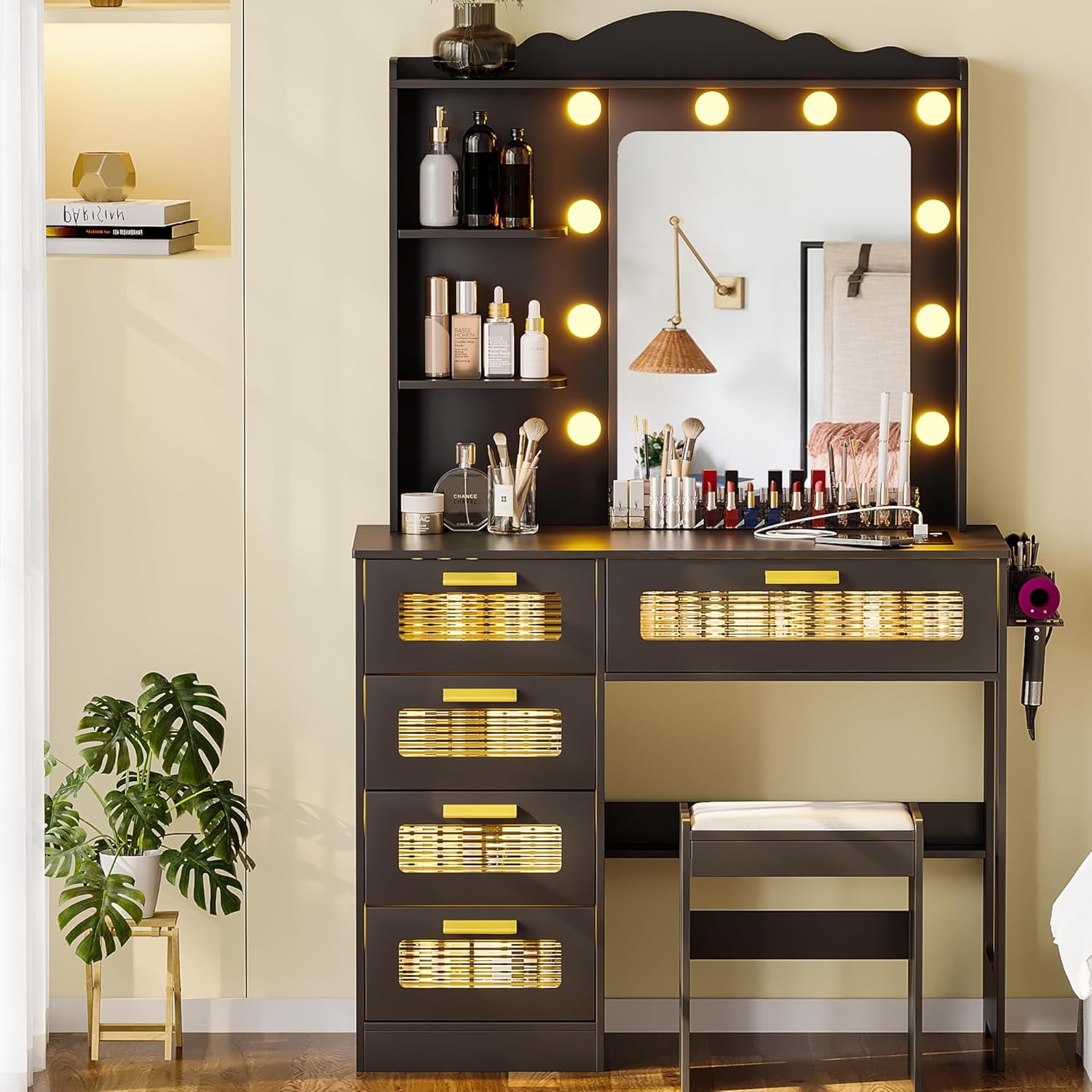 Gurexl Vanity Desk with Lighted Mirror, Makeup Table with 10 LED Light ...