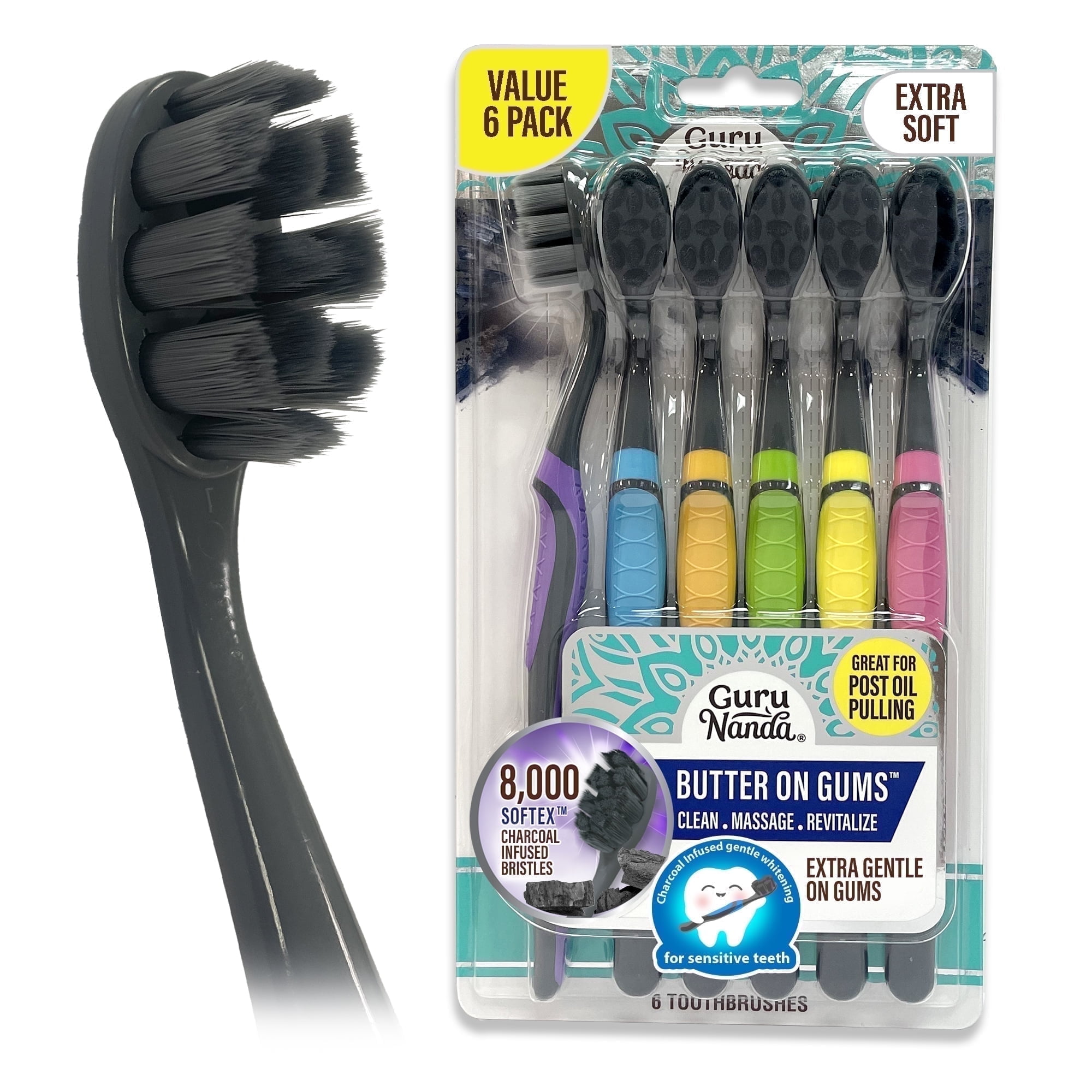 GURU NANDA Butter On Gums Charcoal Toothbrush, Extra Soft Bristles, 6 ...