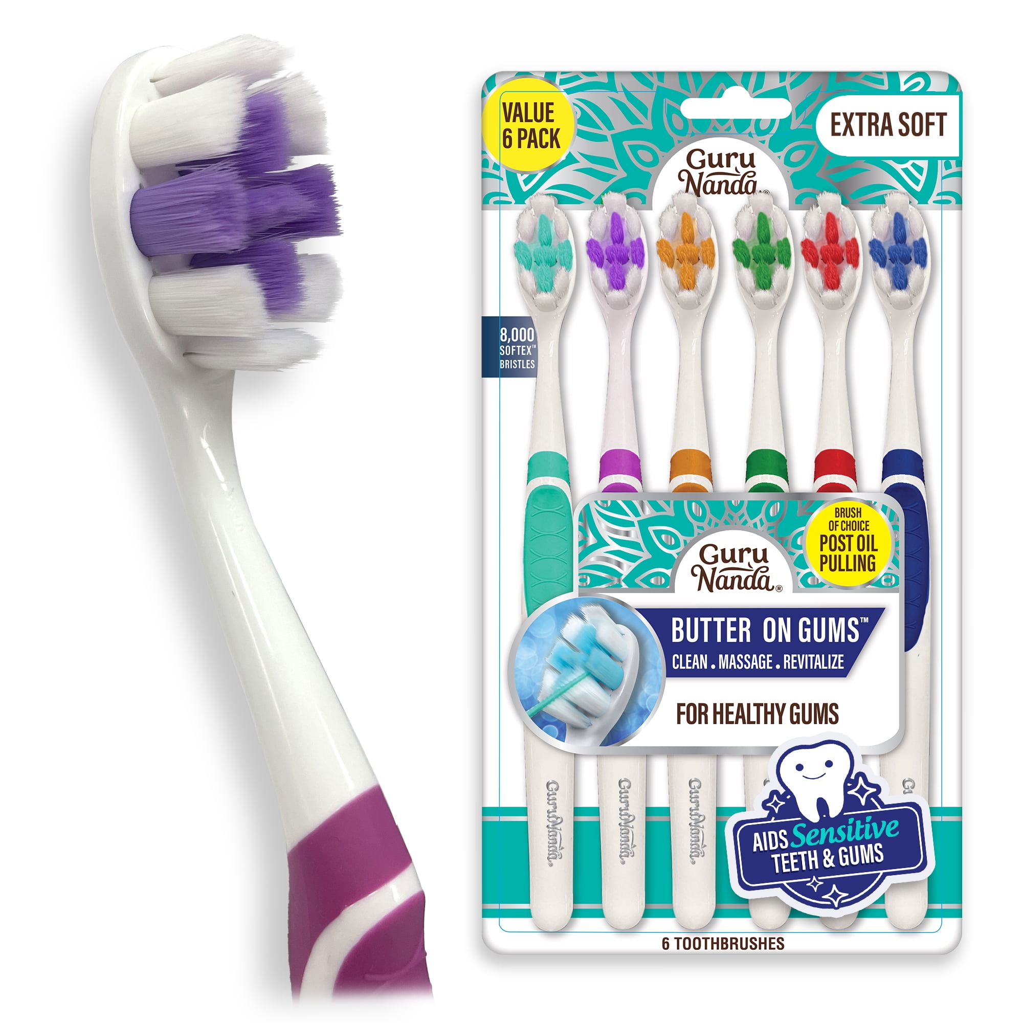 GuruNanda Ultra Soft Bristles Toothbrush - Butter On Gums - 6 Pack for ...