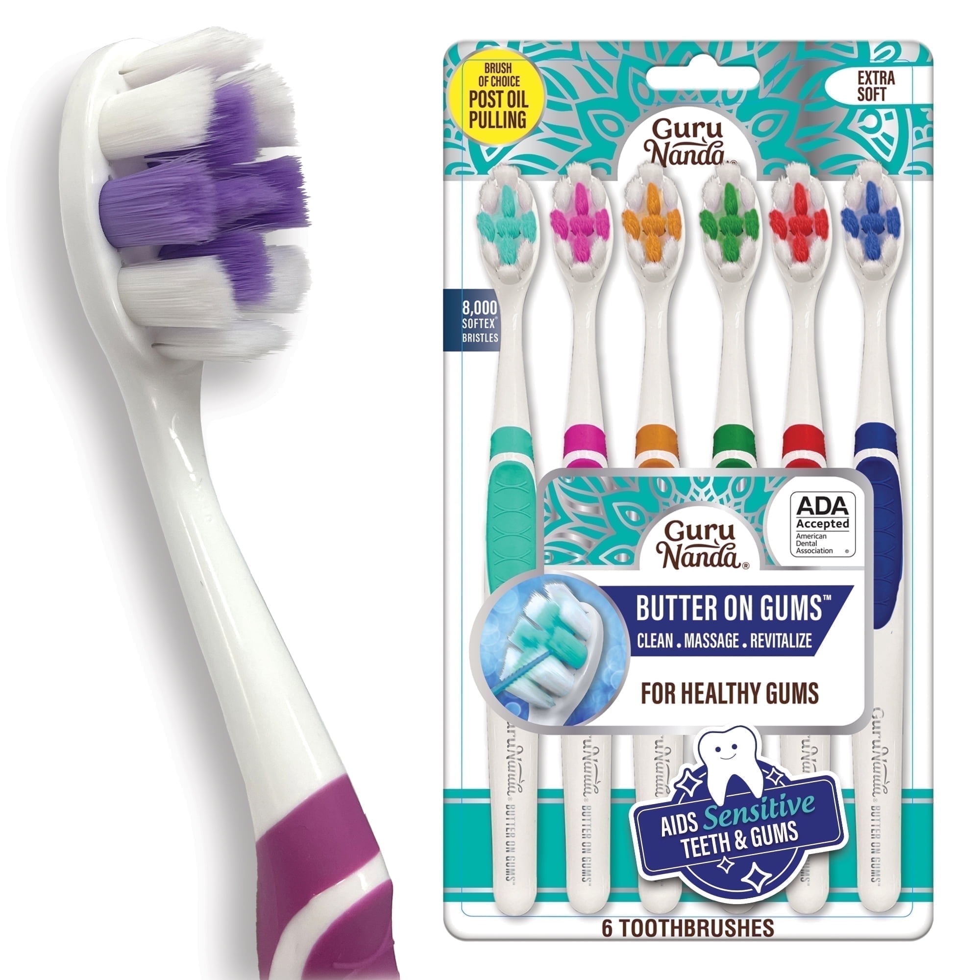 GuruNanda Ultra Soft Bristles Toothbrush - Butter On Gums - 6 Pack for ...