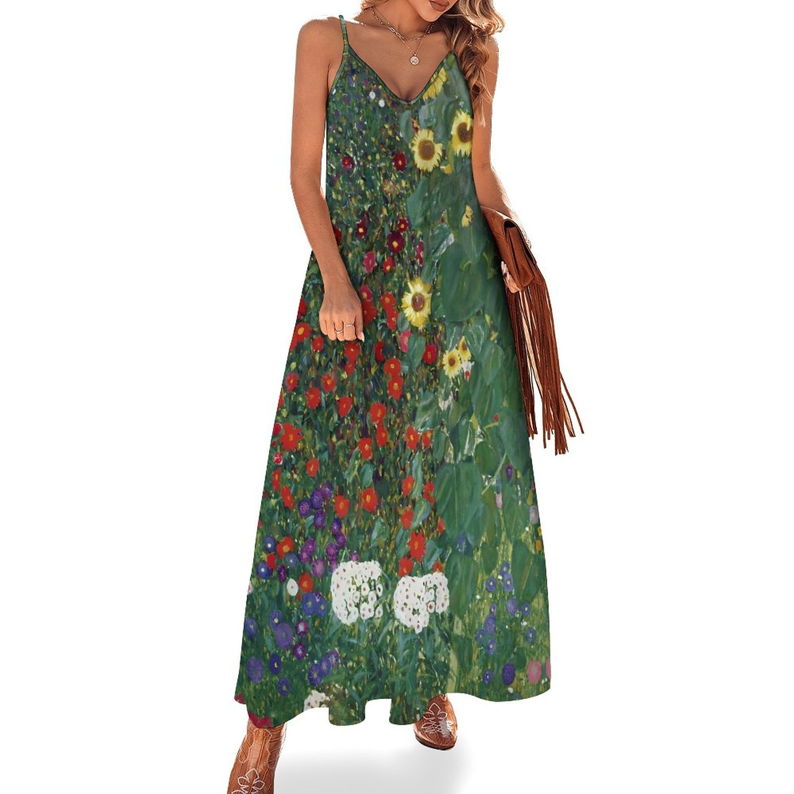 Gustav Klimt Art Dress Farm Garden Elegant Maxi Dress V Neck Bohemia ...