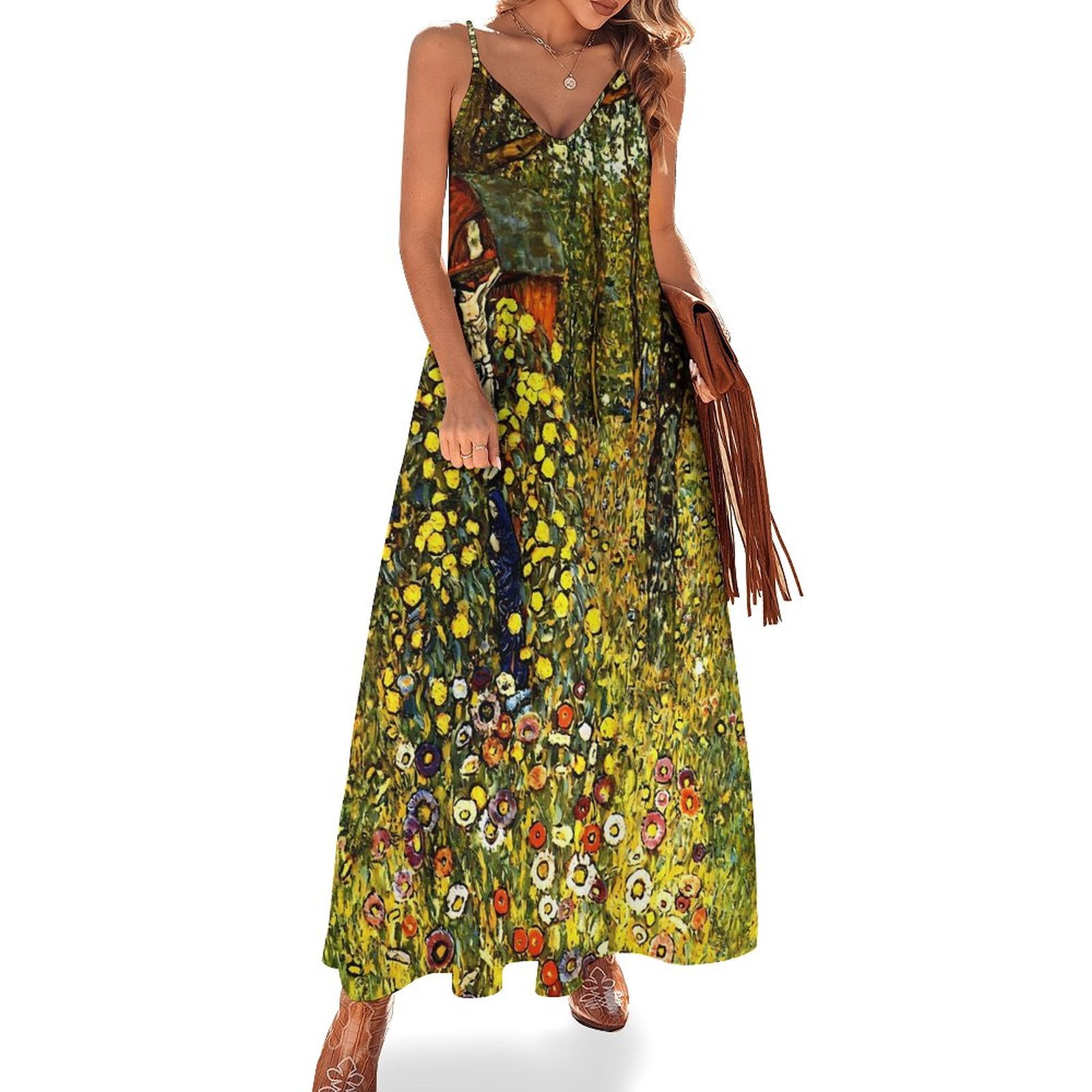 Gustav Klimt Art Dress Farm Garden Elegant Maxi Dress V Neck Bohemia ...