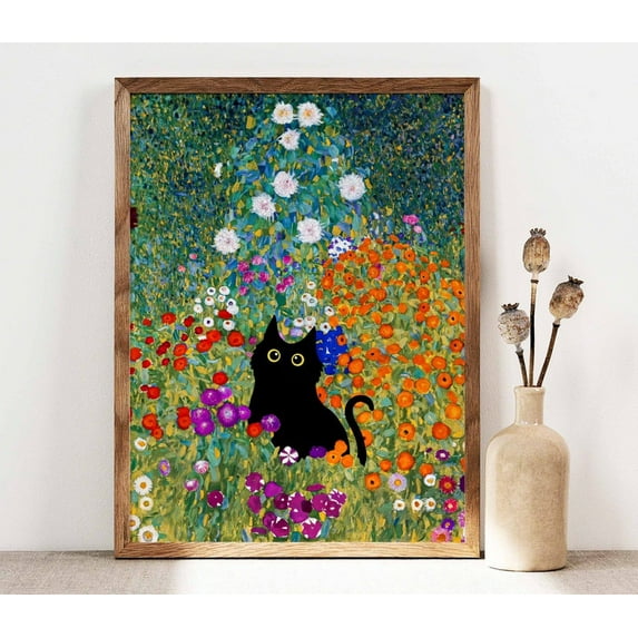 Gustav Klimt Garden Cat Print, Klimt Flowers Cat Poster, Black Cat Art ...