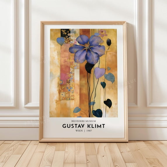 Gustav Klimt Inspired Blue Clematis Flower Print, Unframed Paper Poster ...