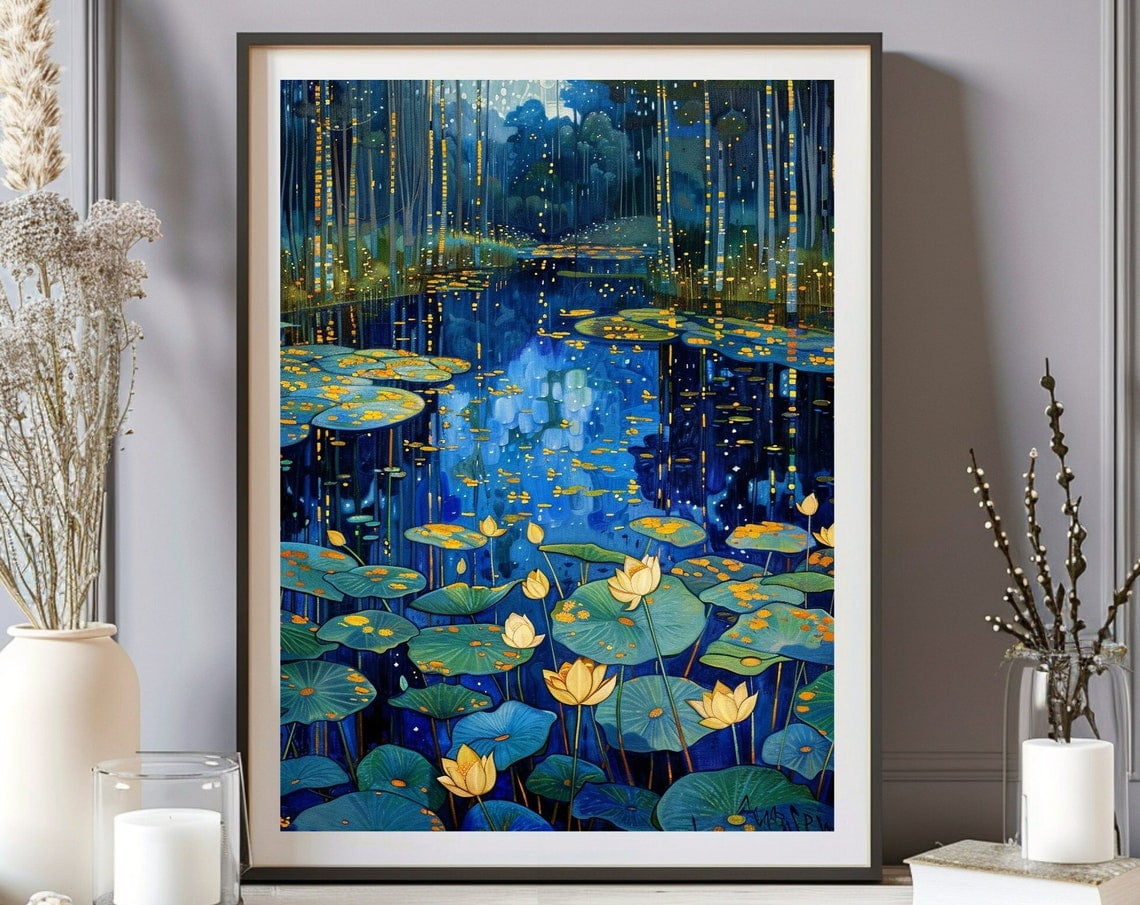Gustav Klimt Inspired Landscape Print, Mural Lotus Pond Cozy Modern ...