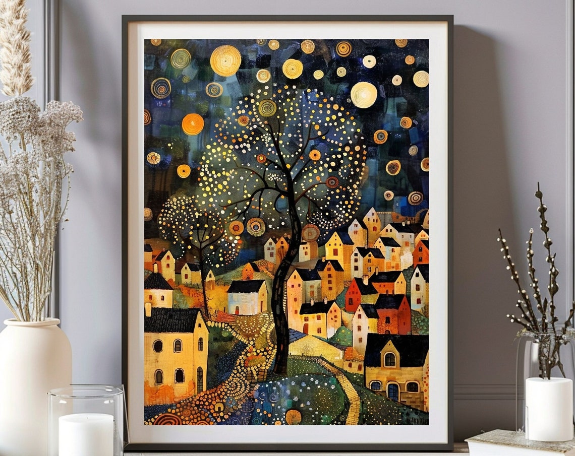 Gustav Klimt Inspired Landscape Print, Mural Moon Night Sky Cozy Modern ...