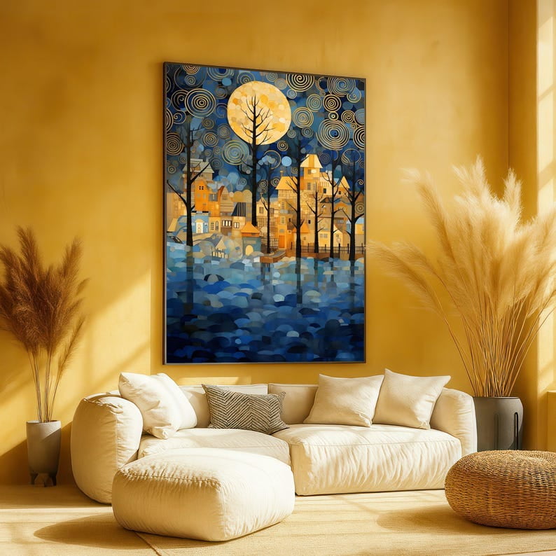 Gustav Klimt Night Village Canvas, Abstract Moonlit Landscape, Modern ...