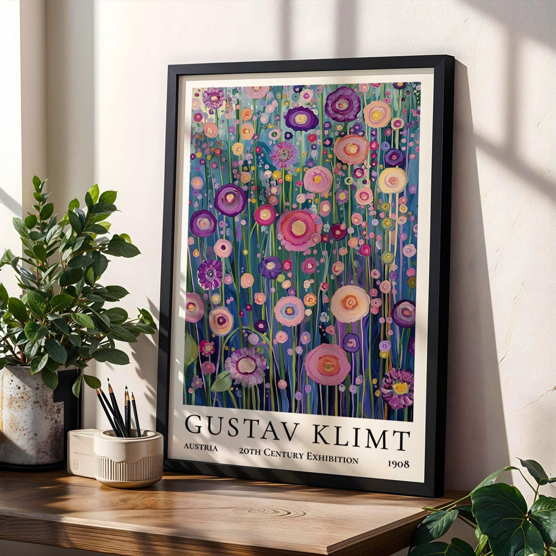 Gustav Klimt Purple Floral Poster Pink Flower Field Exhibition Wall Art ...
