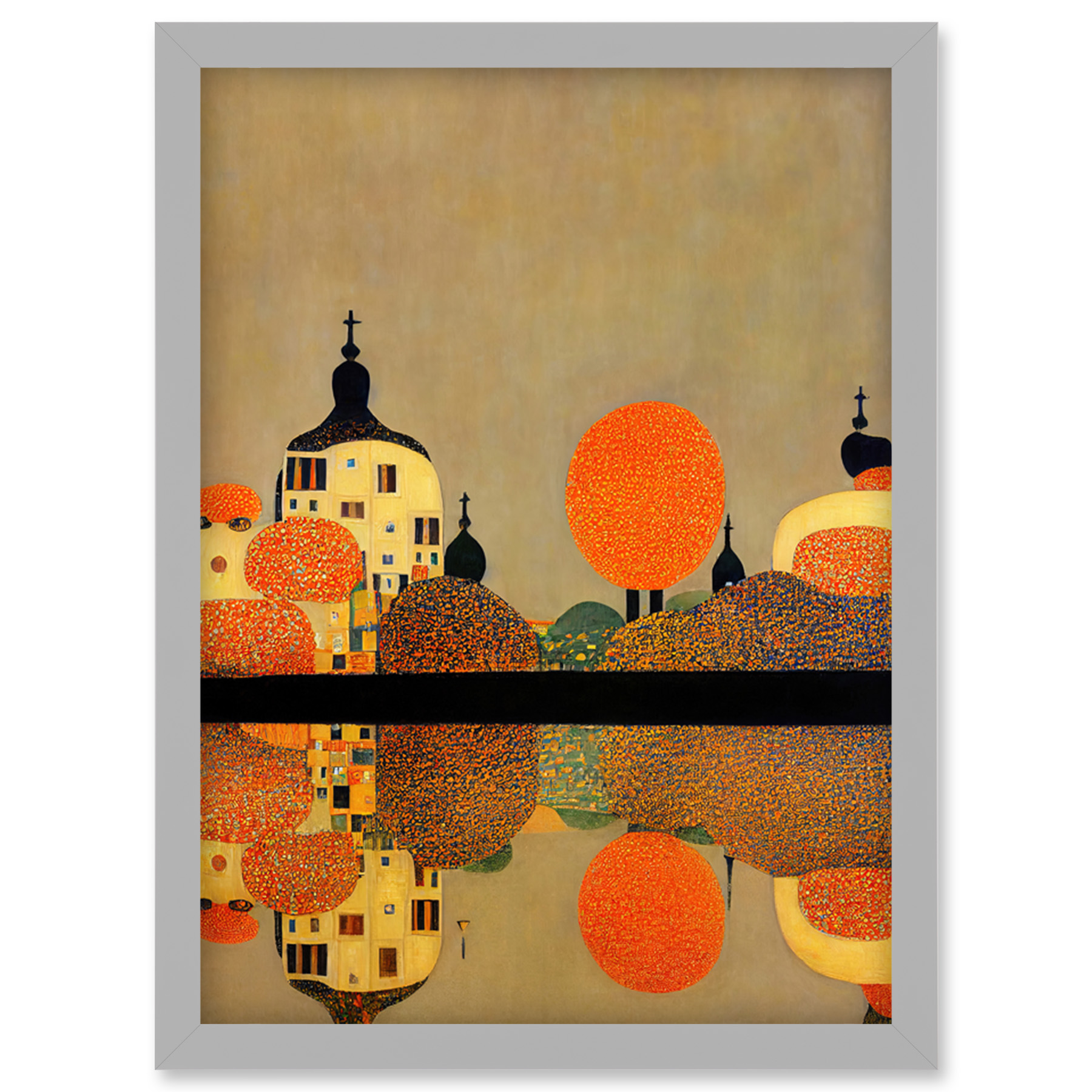 Gustav Klimt Style Autumn Lakeside Town Church Reflection Artwork ...