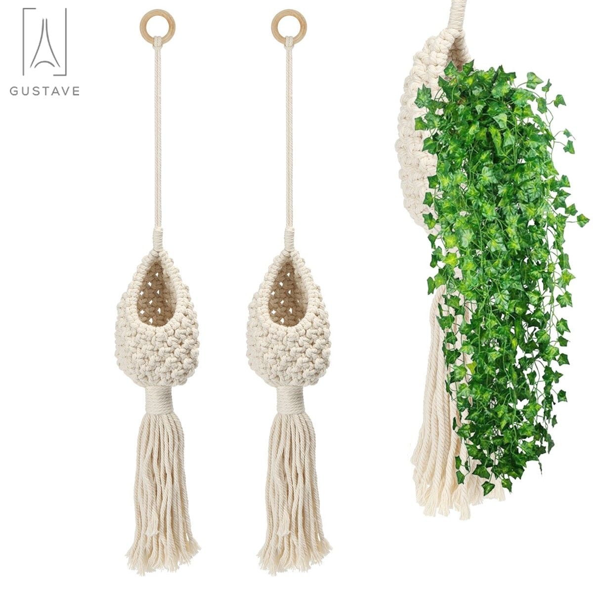 Gustave White Cotton Braided Boho Macrame Plant Hanger with Textured ...