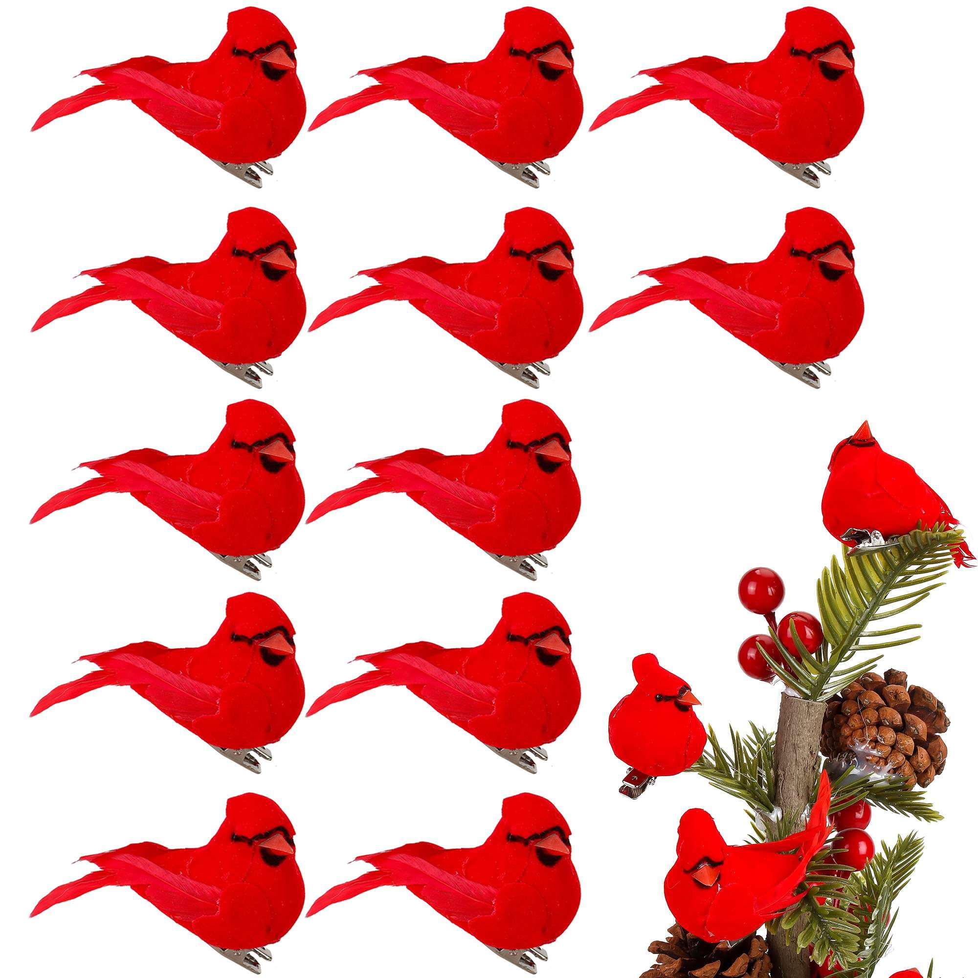 Gustave 12PCS Artificial Cardinal Birds Clip On Mini Red Bird Christmas ...
