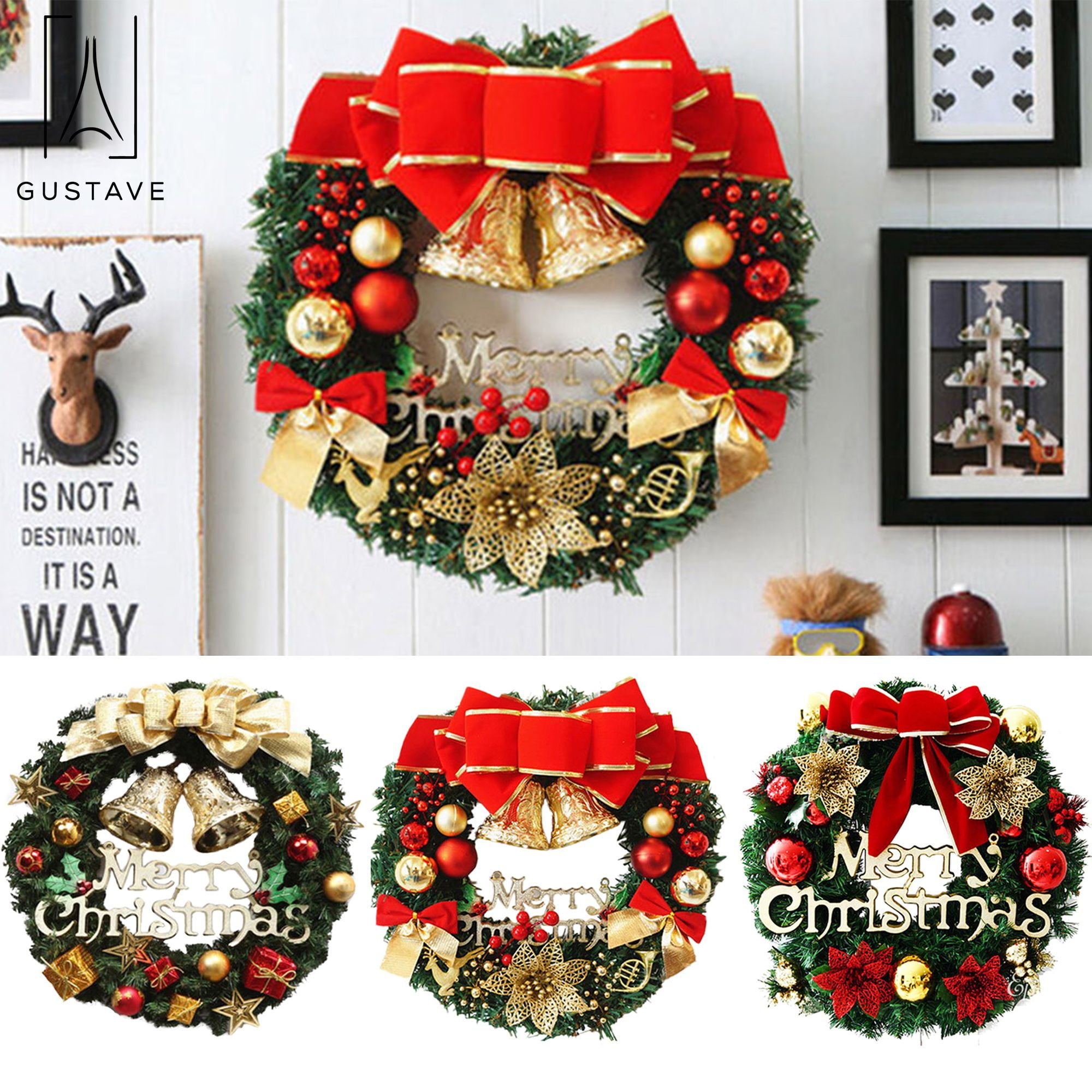Gustave 12inch Artificial Christmas Wreath Merry Christmas Bowknot ...