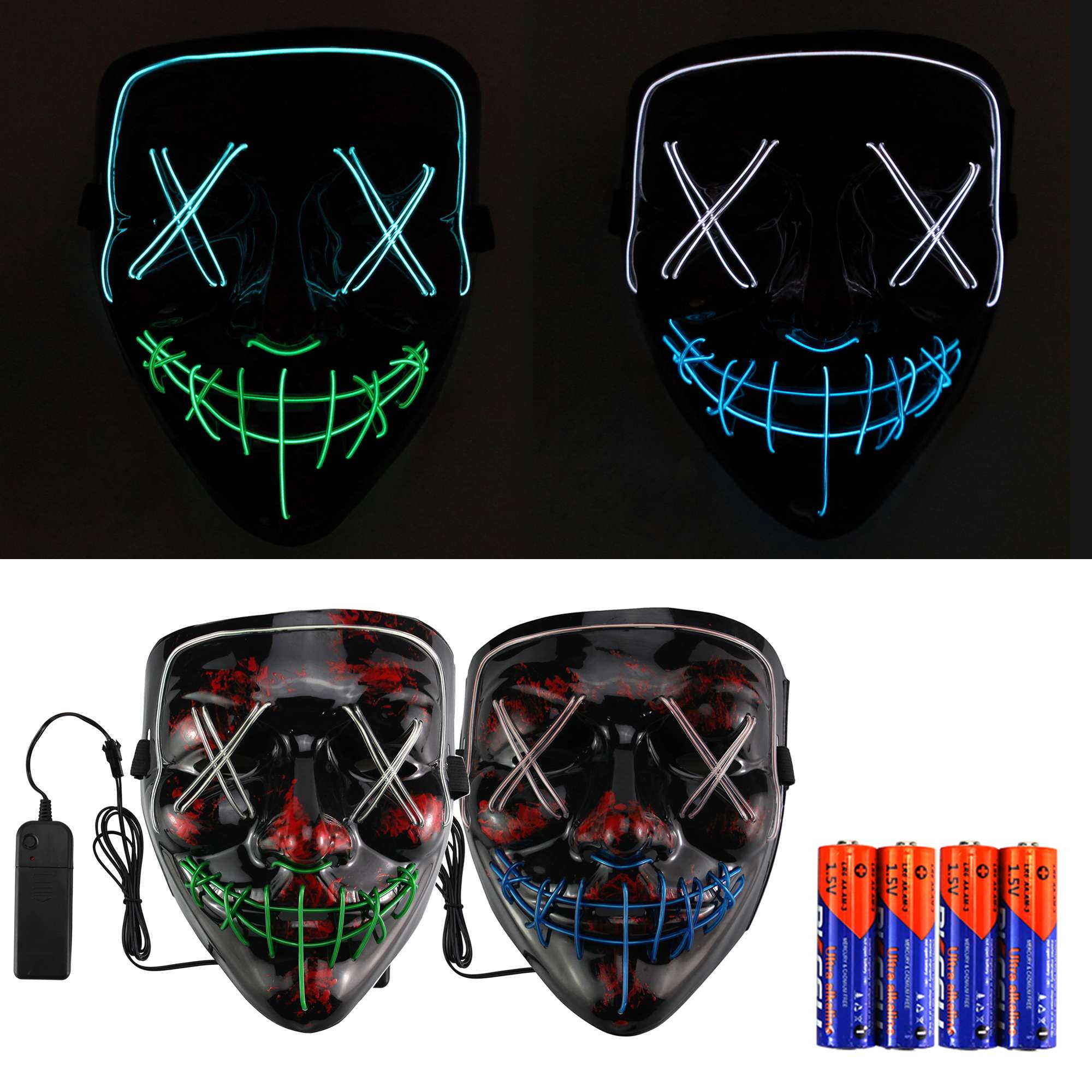 Gustave 2 Pack Halloween Masks Scary Face Mask 4 Modes LED Light up ...