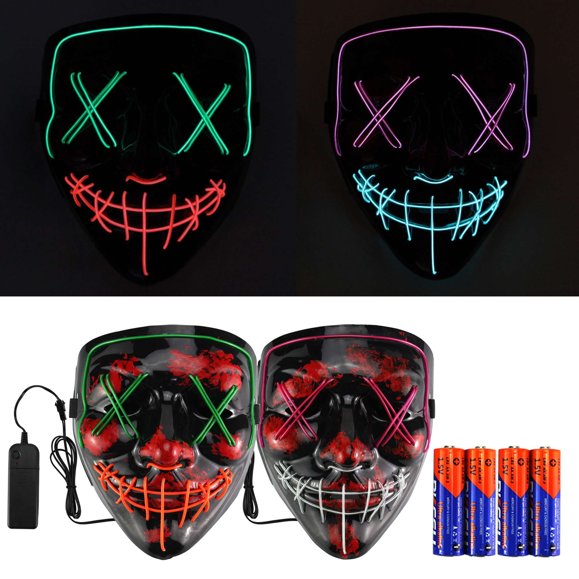 Gustave 2 Pack Halloween Masks Scary Face Mask 4 Modes LED Light up ...