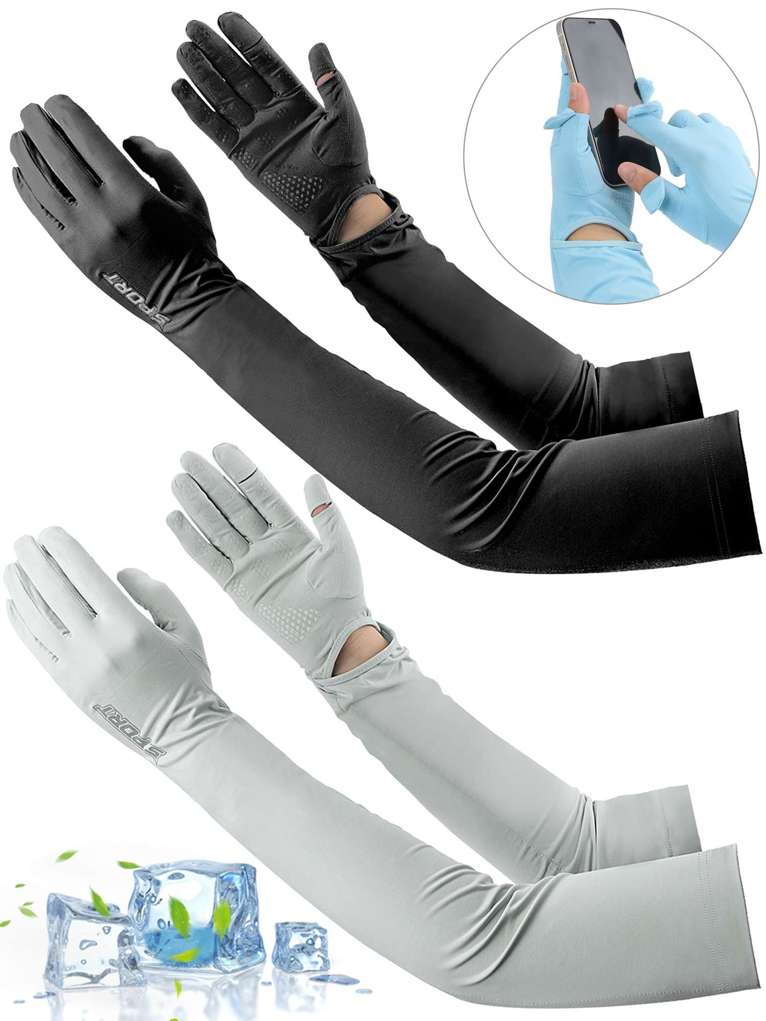 Gustave 2 Pairs Long UV Sun Protection Gloves Sunblock Touchscreen Non ...