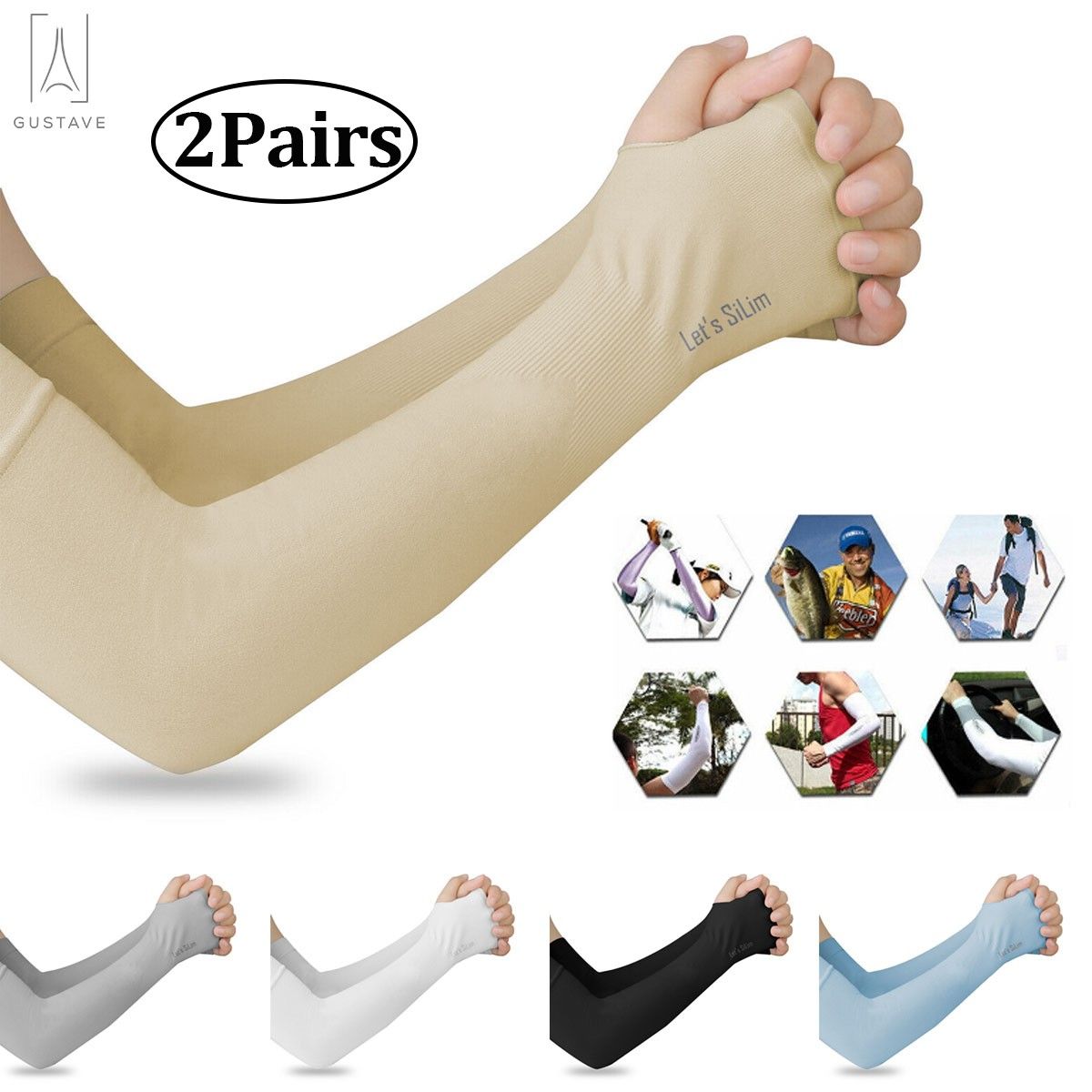Gustave 2 Pairs UV Sun Protection Cooling Arm Sleeves Men Women Long ...