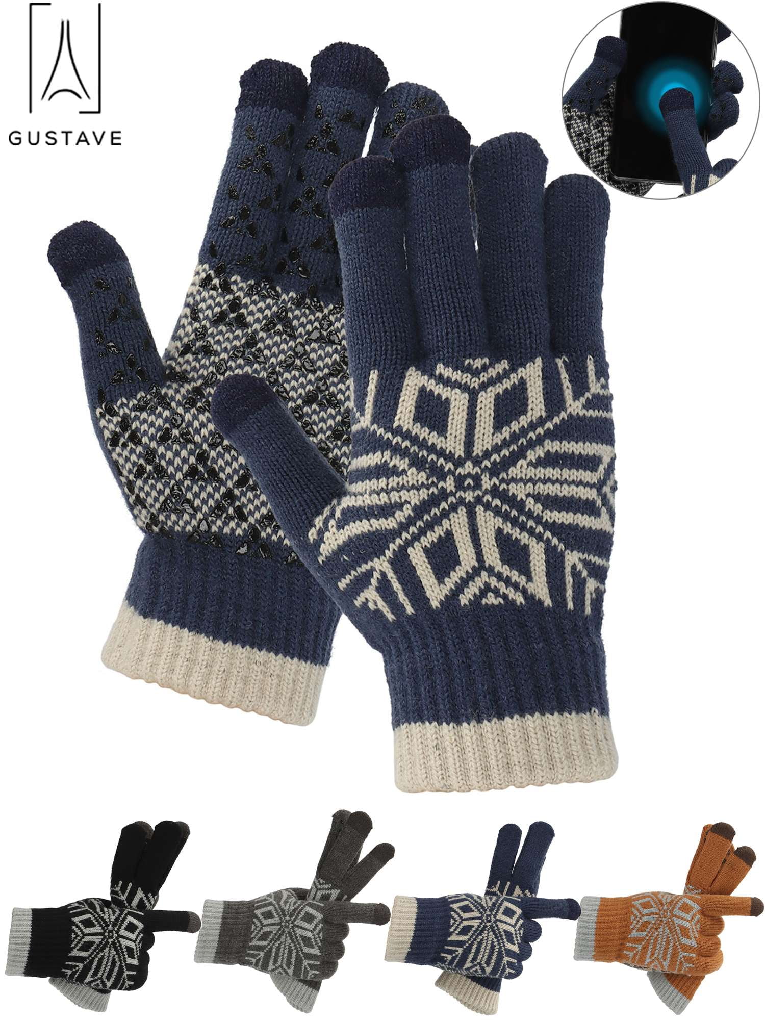 Gustave 2 Pairs Winter Gloves for Men Cold Weather Touch Screen Knit ...