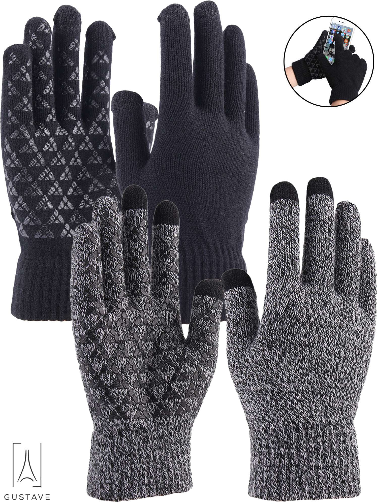 Gustave 2 Pairs Winter Knit Gloves Touchscreen Windproof Anti-slip ...