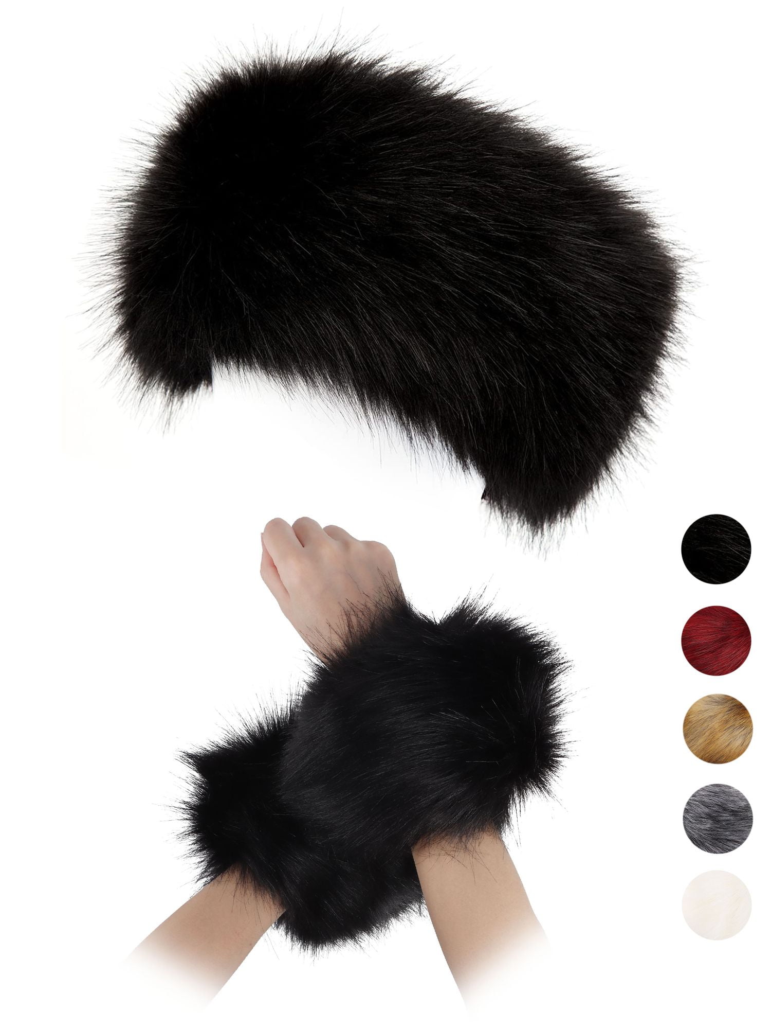 Gustave 2 Pieces Faux Fur Headband Hat and Wrist Cuffs Set Fluffy Ear ...