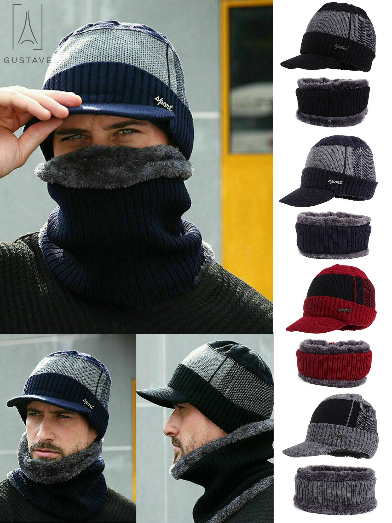 Gustave 2 Pieces Men Knit Visor Beanie and Fleece Lining Scarf Set ...