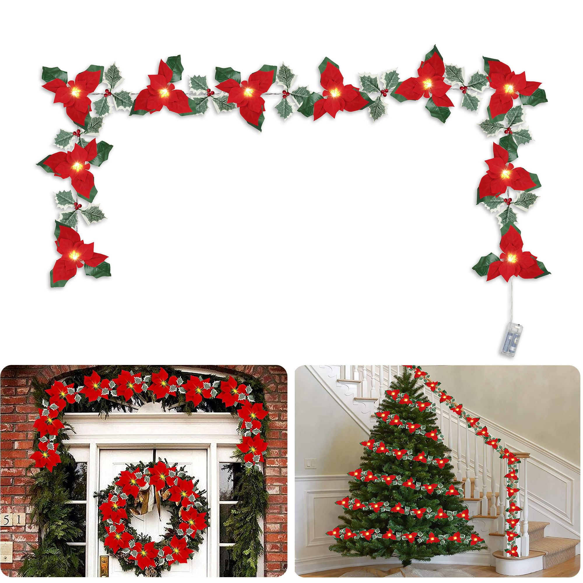 Gustave 2Pcs 6.6ft Artificial Poinsettia Flower Garland with 10 LED ...