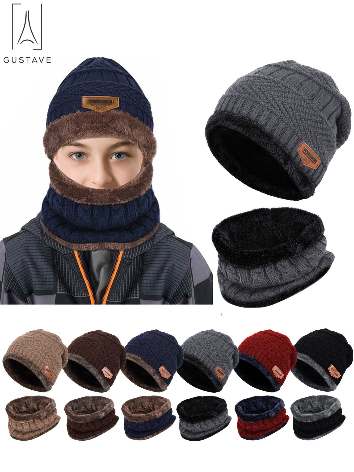 Gustave 2Pcs Winter Hat Scarf Set Lined Skull Cap Warm Knitted Beanie ...