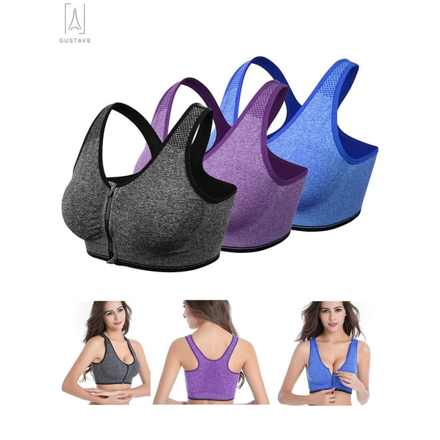 Gustave 3-Pack Women's Zip Front Close Sports Bra Seamless Wirefree ...