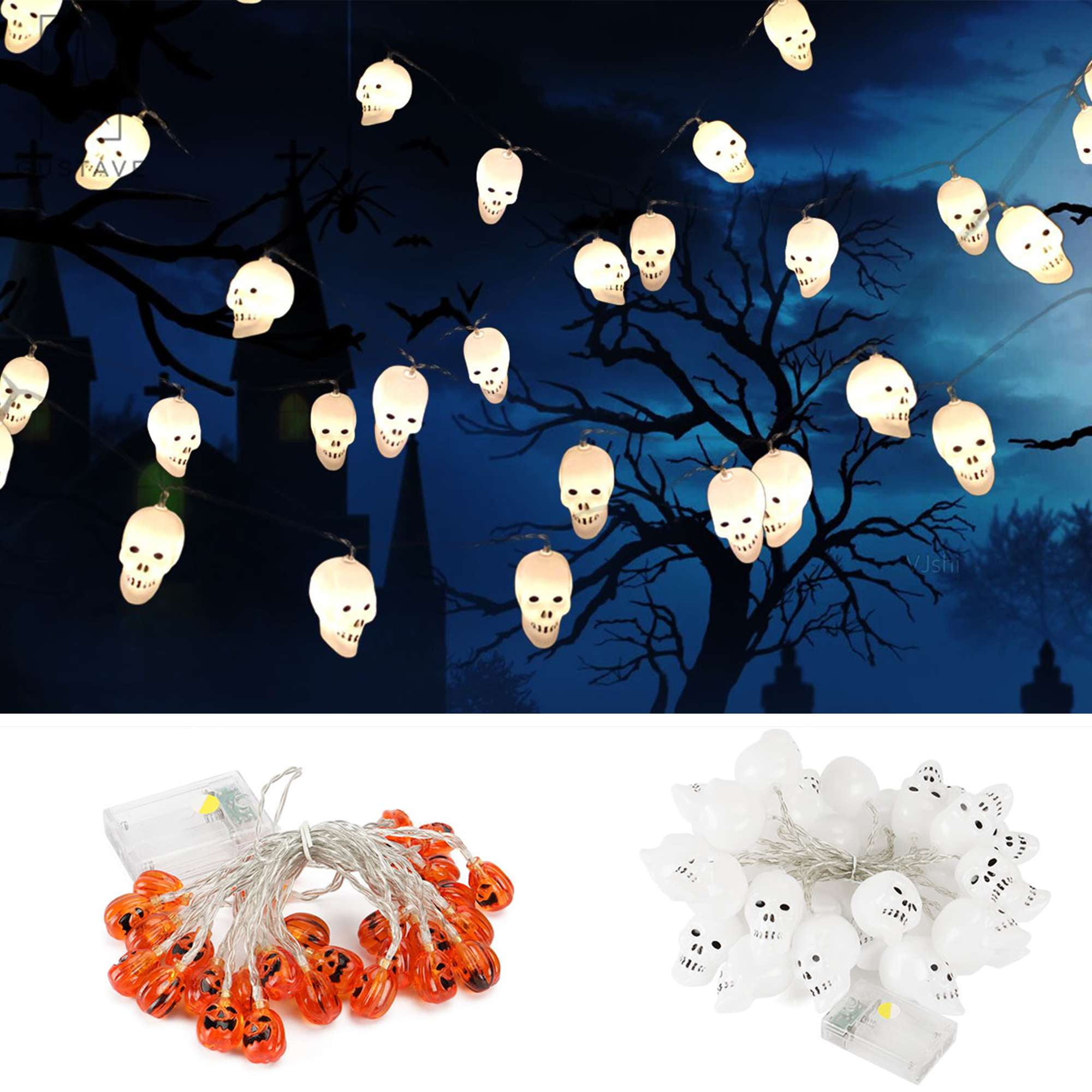 Gustave 30 LED Halloween String Lights Battery Operated Skull Lights ...