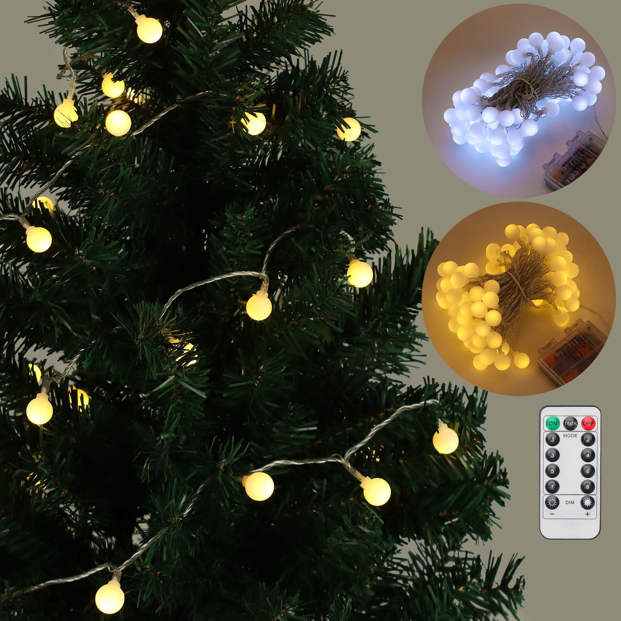 Gustave 32.8ft 100 LED Globe Ball String Lights Battery Operated Fairy ...