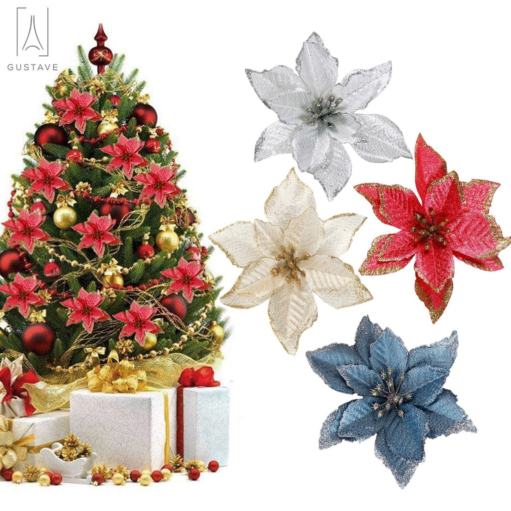 Gustave 36 Pieces Glitter Artificial Christmas Flowers, 5.91" Christmas ...