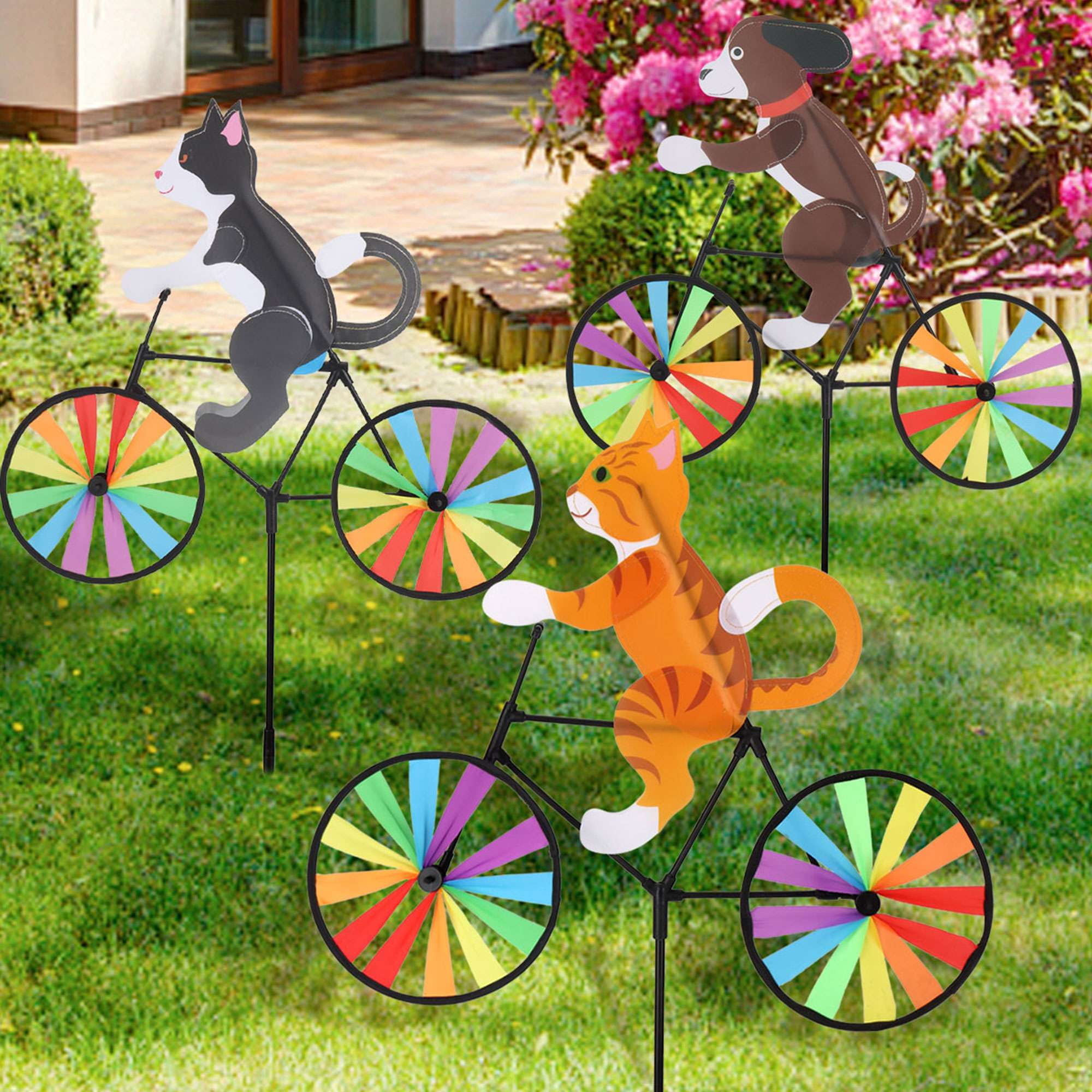 Gustave 3Pcs Cat Dog Bicycle Wind Spinners Garden Windmills Animal Bike ...