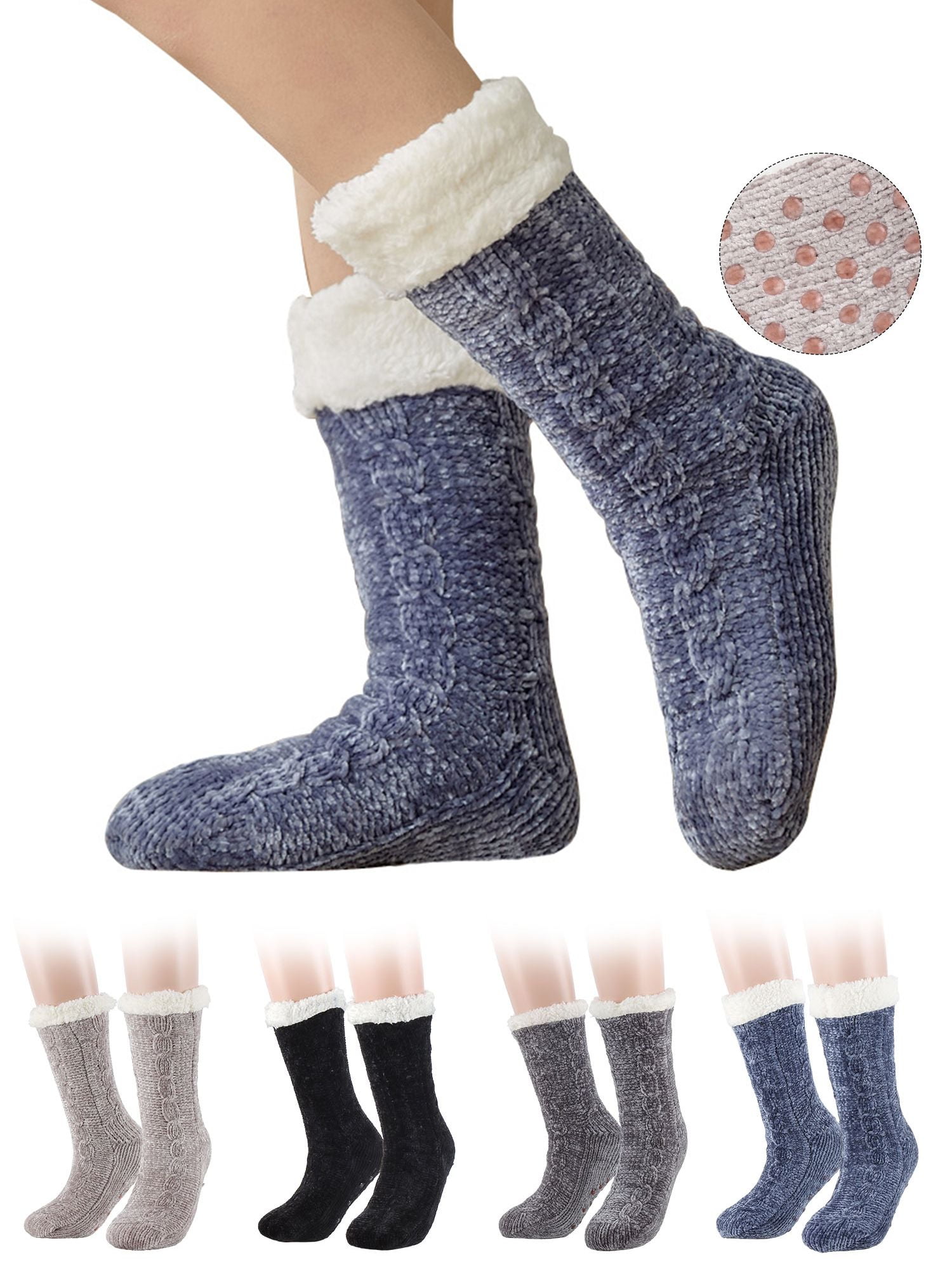 Gustave 4 Pairs Women Non Slip Slipper Socks Winter Plush Fuzzy Socks ...