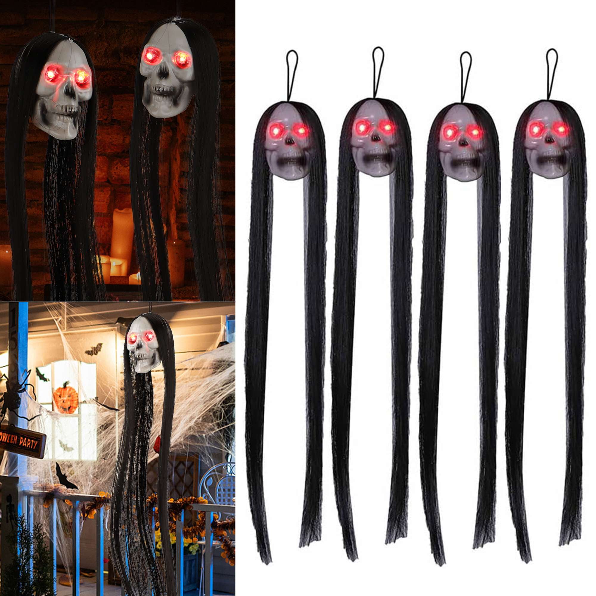 Gustave 4Pcs Halloween Hanging Ghost Skull with Long Hair Light up Red ...