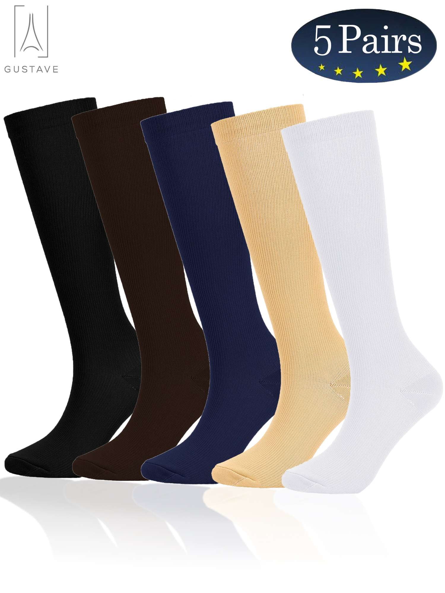 Gustave 5 Pairs Knee High Compression Socks 10-20mmHg for Men & Women ...