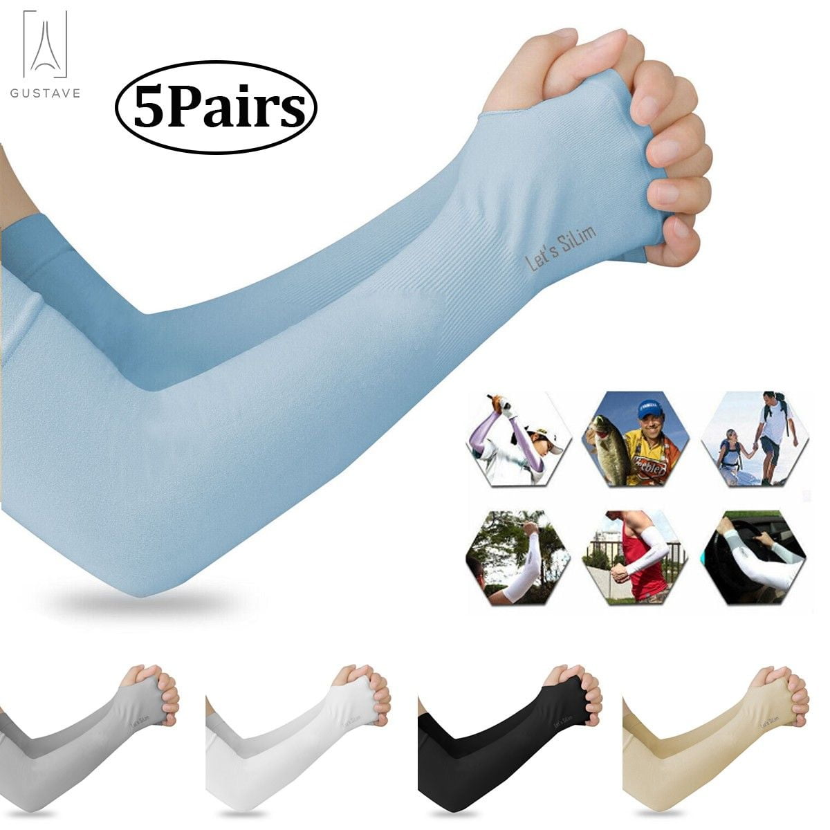 Gustave 5 Pairs UV Sun Protection Cooling Arm Sleeves Men Women Long ...