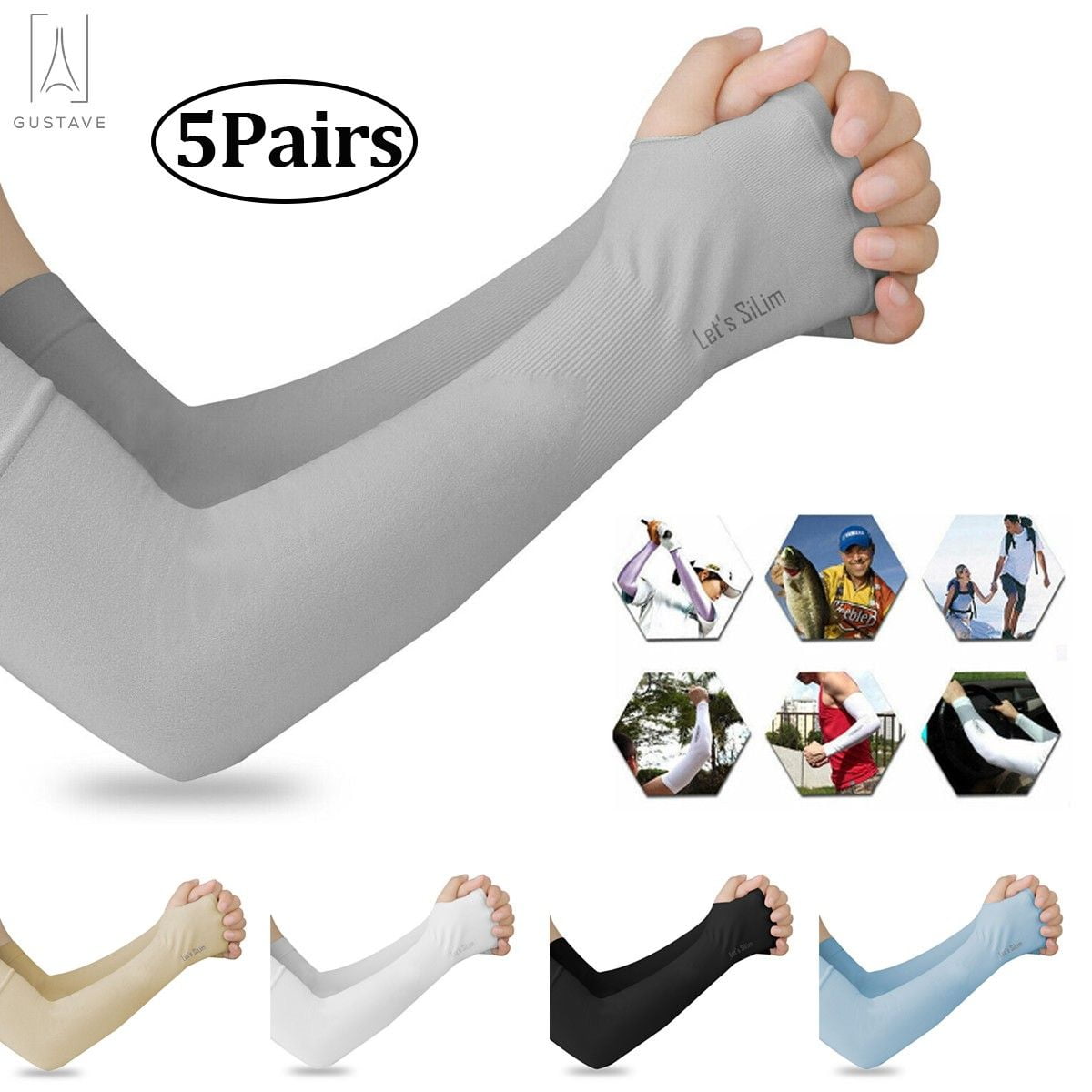 Gustave 5 Pairs UV Sun Protection Cooling Arm Sleeves Men Women Long ...