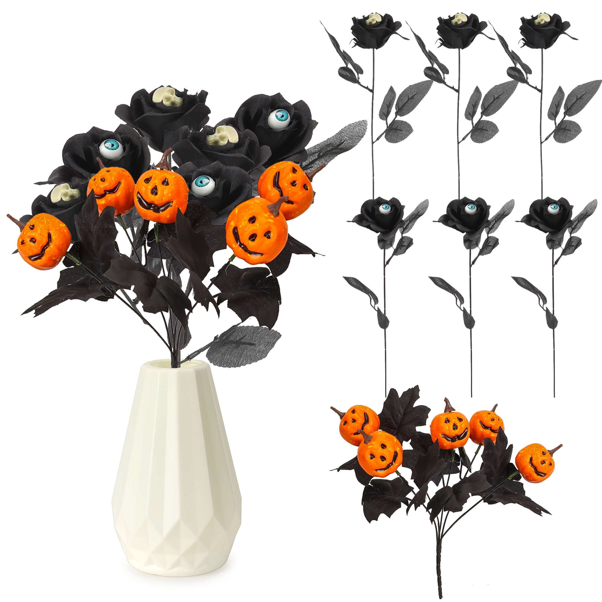 Gustave 7Pcs Halloween Decorations Artificial Flowers with Pumpkin Skull Eyeball, Fake Black ...